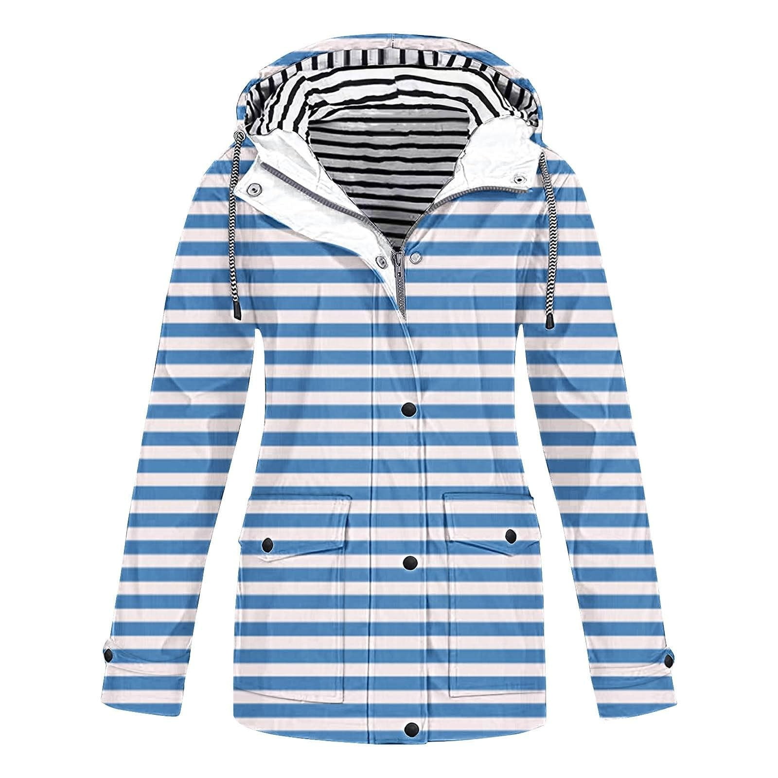 Women's Waterproof Hooded Rain Jacket with Striped Pattern Lightweight ...
