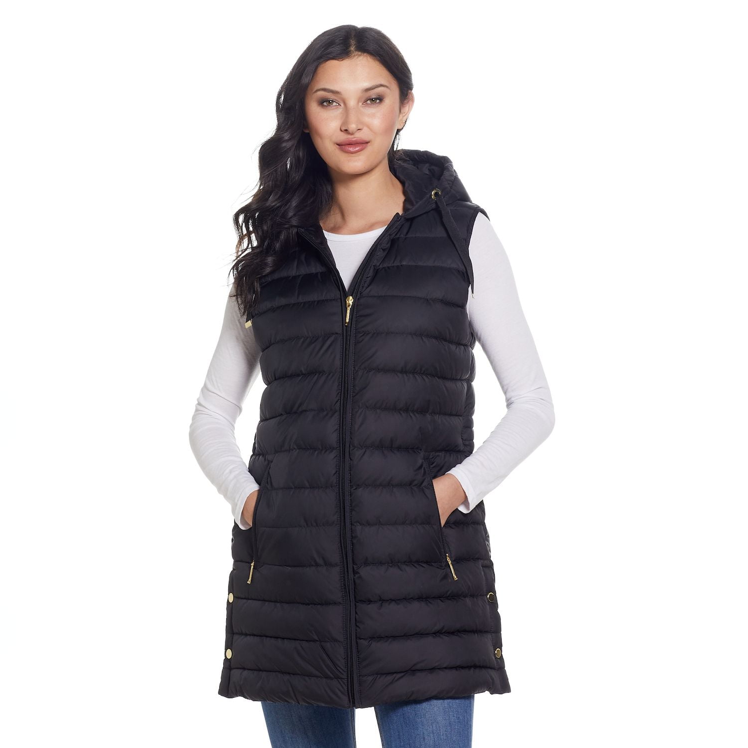 Women's Weathercast Hooded Quilted Long Vest Color: Black Size: MEDIUM ...