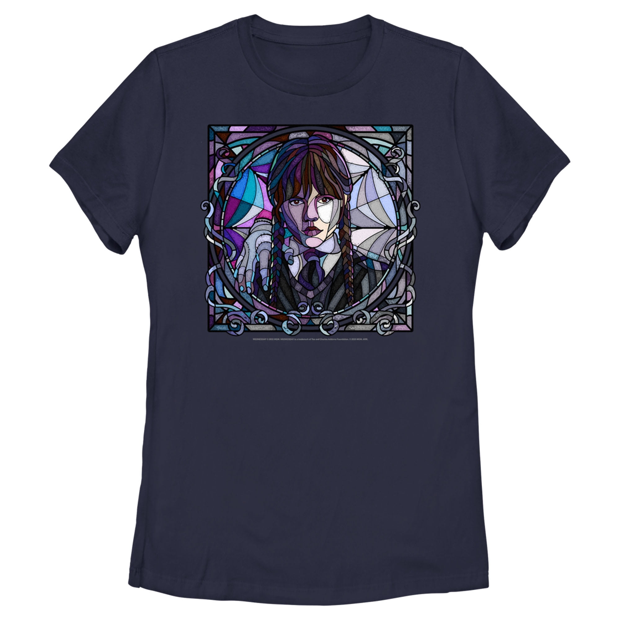 Women's Wednesday Stained Glass Addams Portrait Graphic Tee Navy Blue X ...