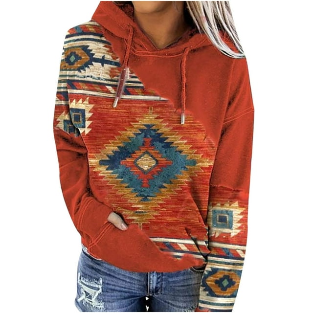 Womens Western Aztec Hoodies Ethnic Style Print Pullover Cowgirl