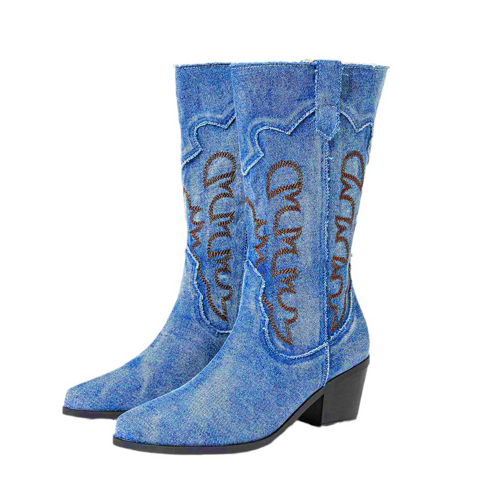 Women's Western Cowboy Booties Fashion Black Cowgirl Boots with Low ...