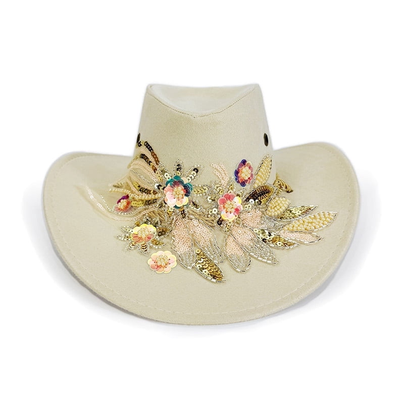 Women's Western Cowgirl Hat Floral Embroidery Wide Brim Cowboy Hat ...