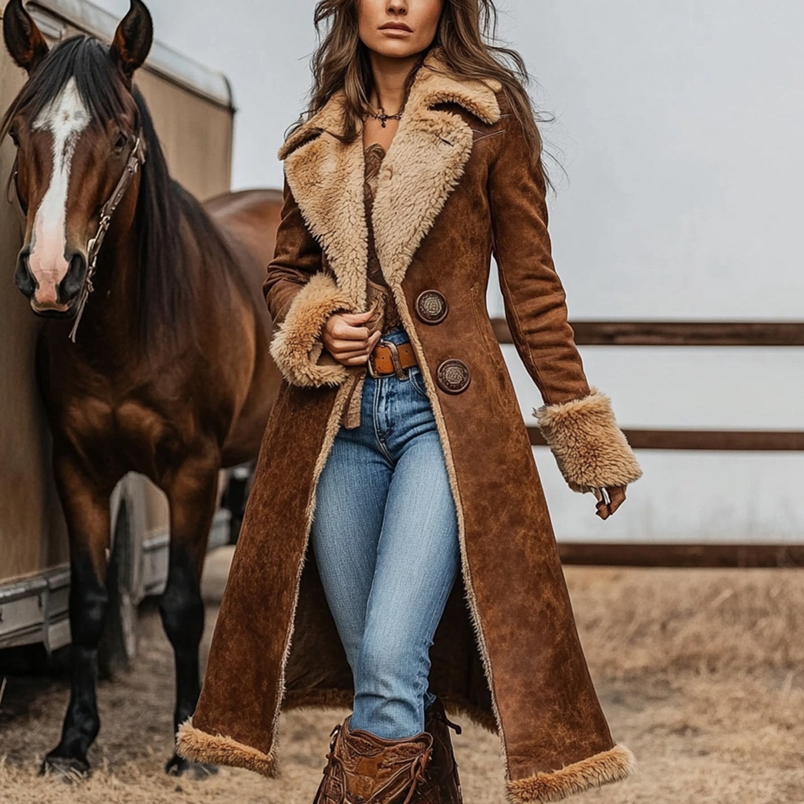 Women's Western Retro Trench Coat, Long Fleece Lined Overcoat, 70s ...