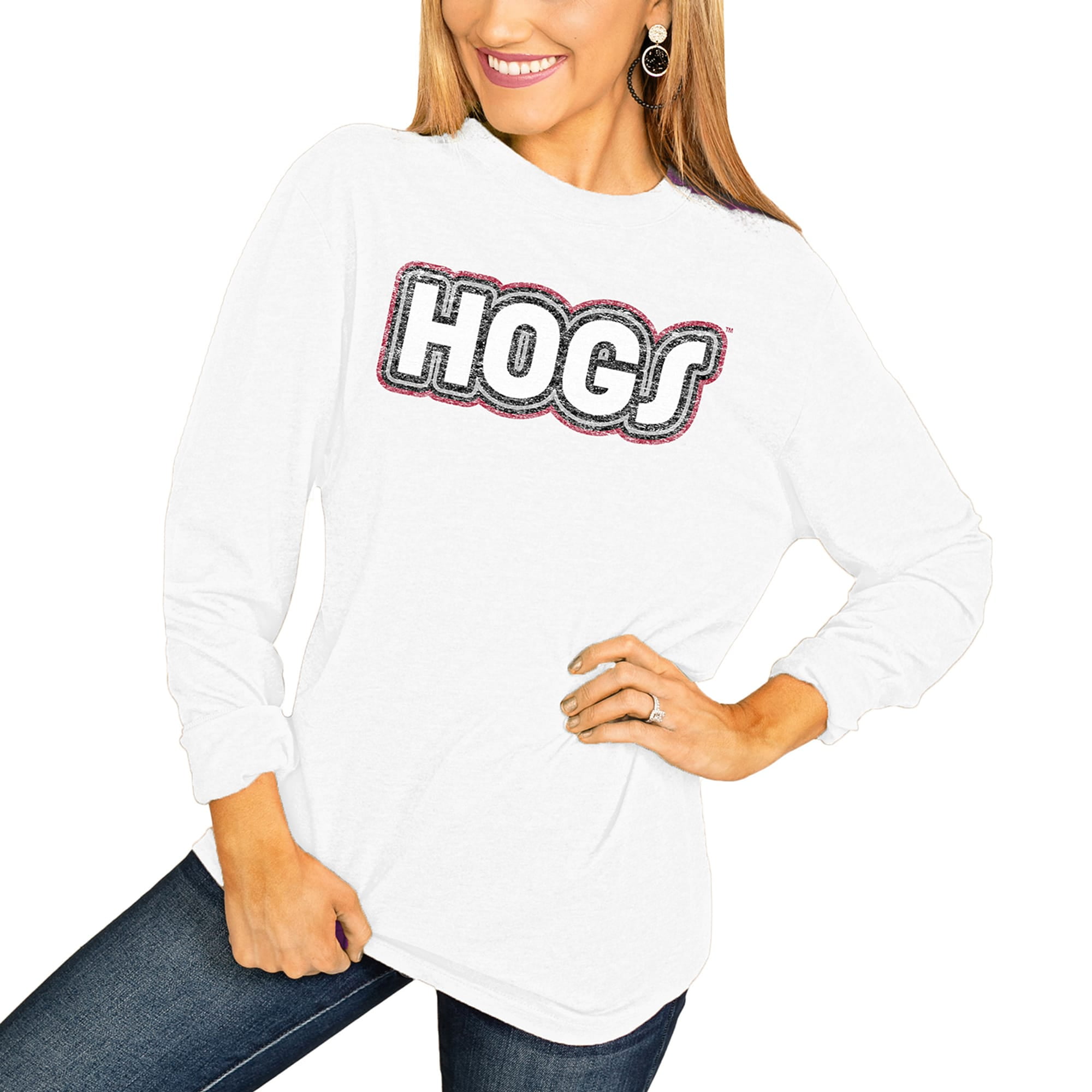 Women's White Arkansas Razorbacks It's A Win Vintage Vibe Long Sleeve T ...