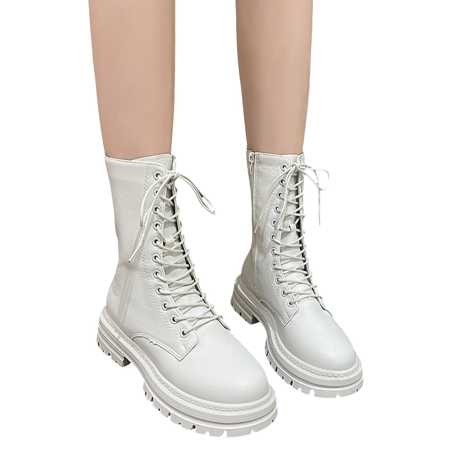 Women's White Combat Boots Low Heel Chunky Platform Lug Sole Riding ...