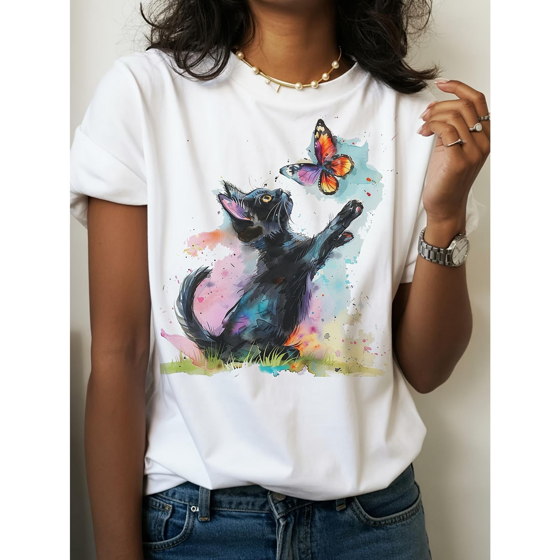 Women's White Graphic Tee with Watercolor Cat & Butterfly Print, S-5XL ...