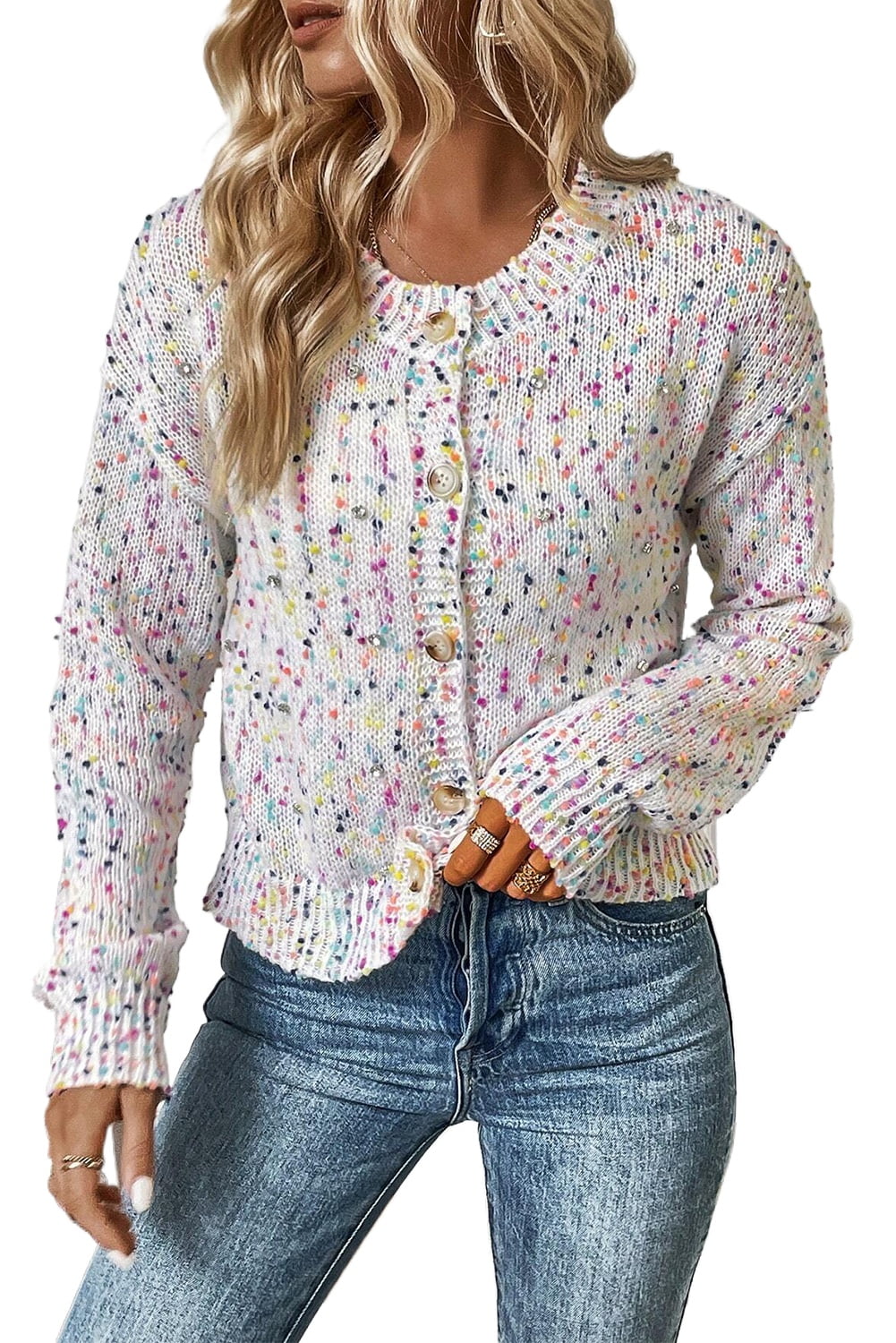 Women's White Multicolor Confetti Sweater Cardigan - Walmart.com