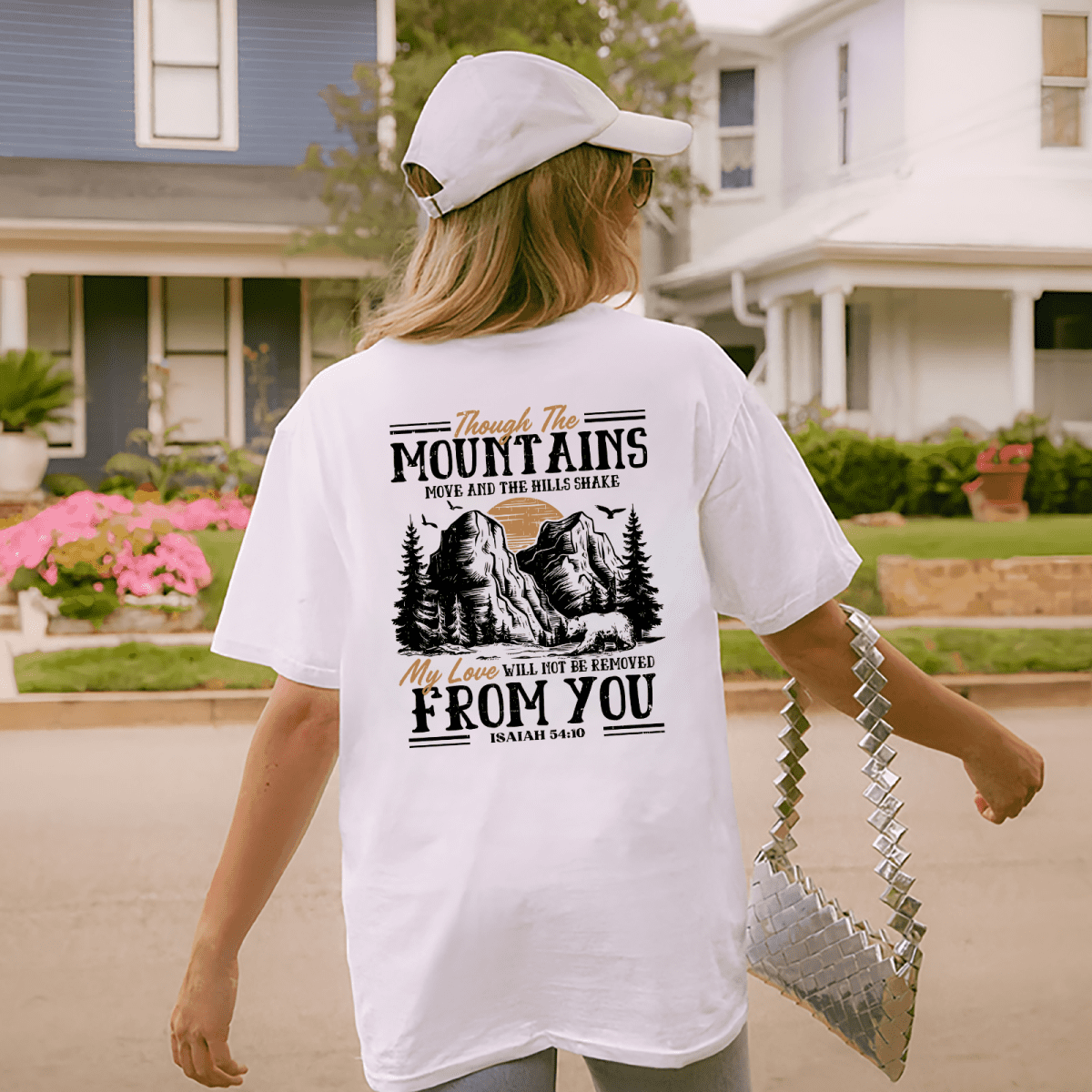 Women's White Print Tshirt Graphic Tees Mountain Faith Isaiah 54:10 S ...