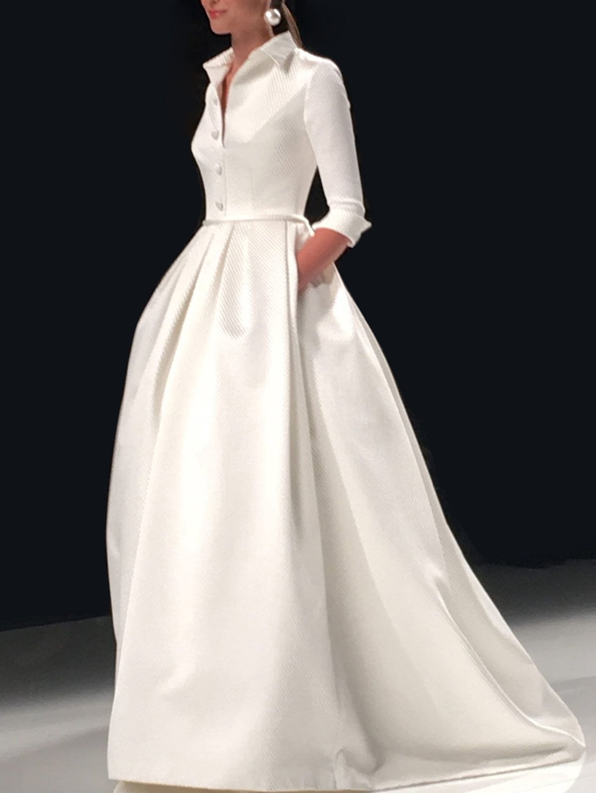 Women’s White Textured Maxi Gown Turn Down Collar Three Quarter Sleeve ...