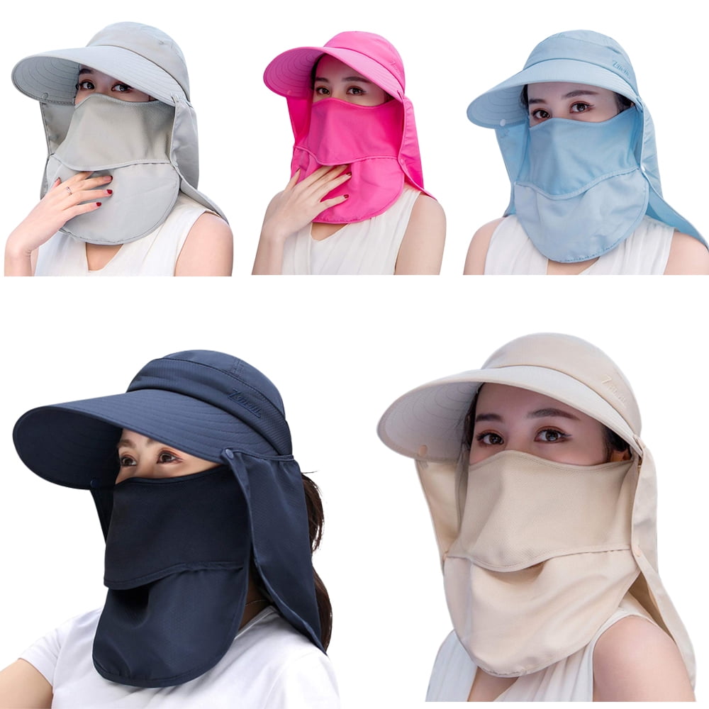 Women's Wide Brim Face Mask Removable Neck Sun Hat Face Flap Ponytail ...