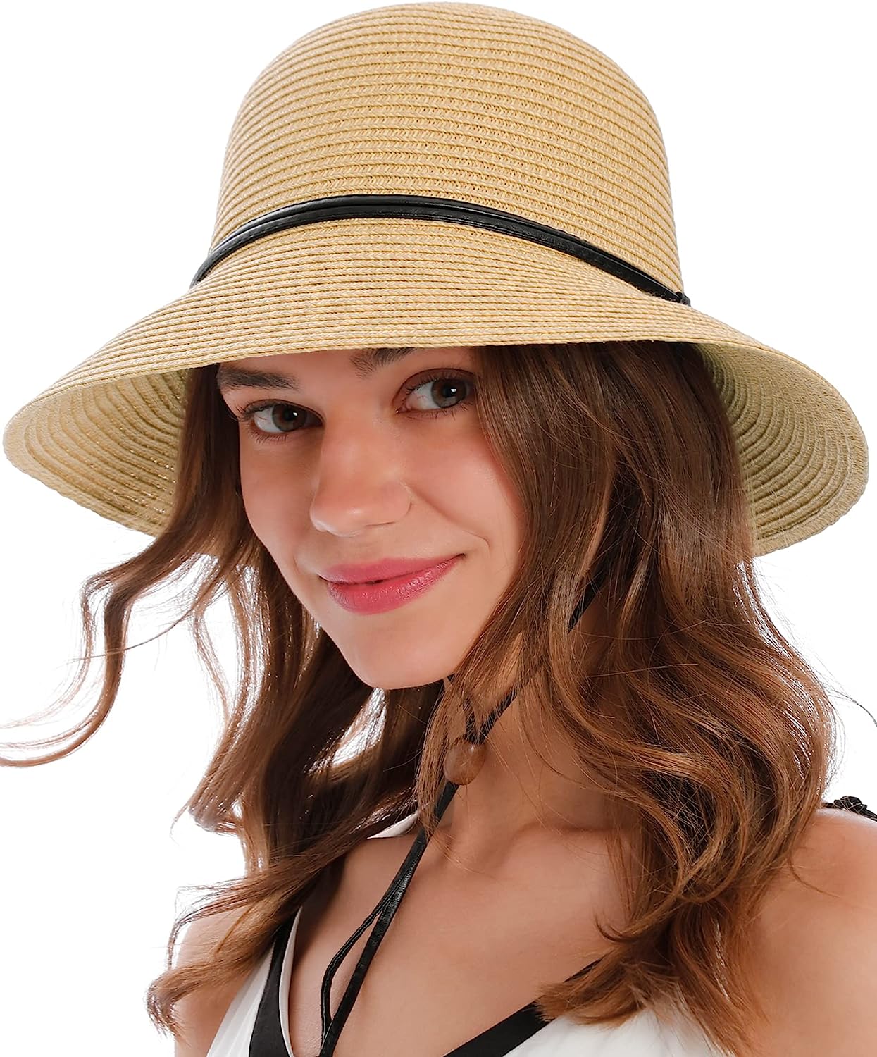 Women's Wide Brim Straw Sun Hat With Lanyard UPF Summer Sun Hats For ...