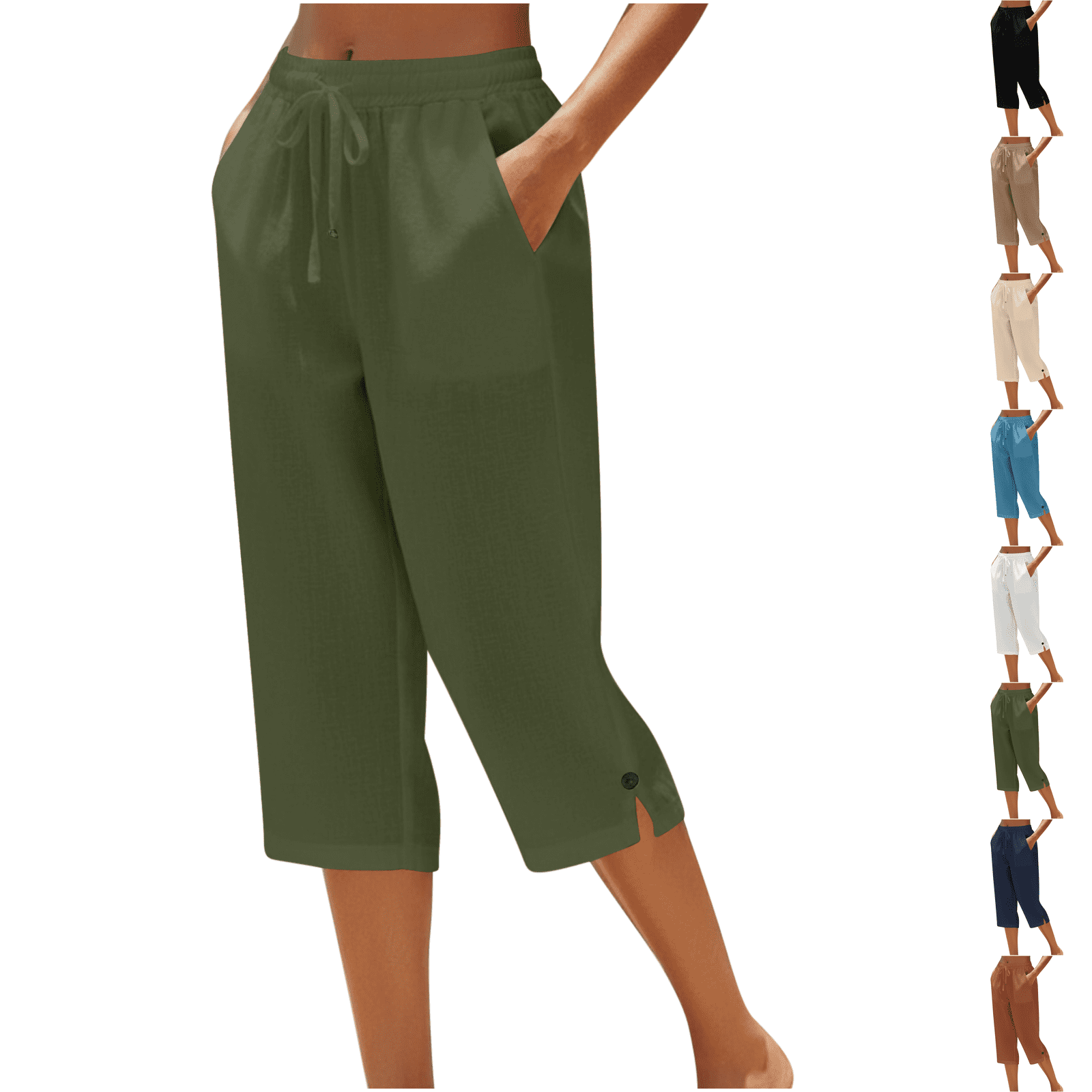 Women's Wide Leg Capri Pants Linen Casual Cropped Palazzo Drawstring ...