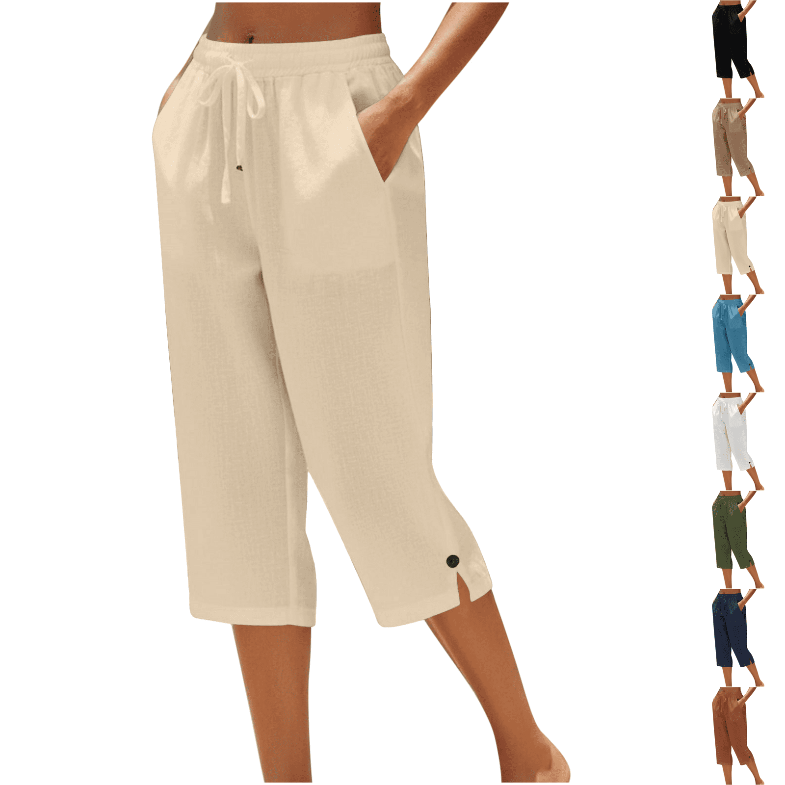 Women's Wide Leg Capri Pants Linen Casual Cropped Palazzo Drawstring ...