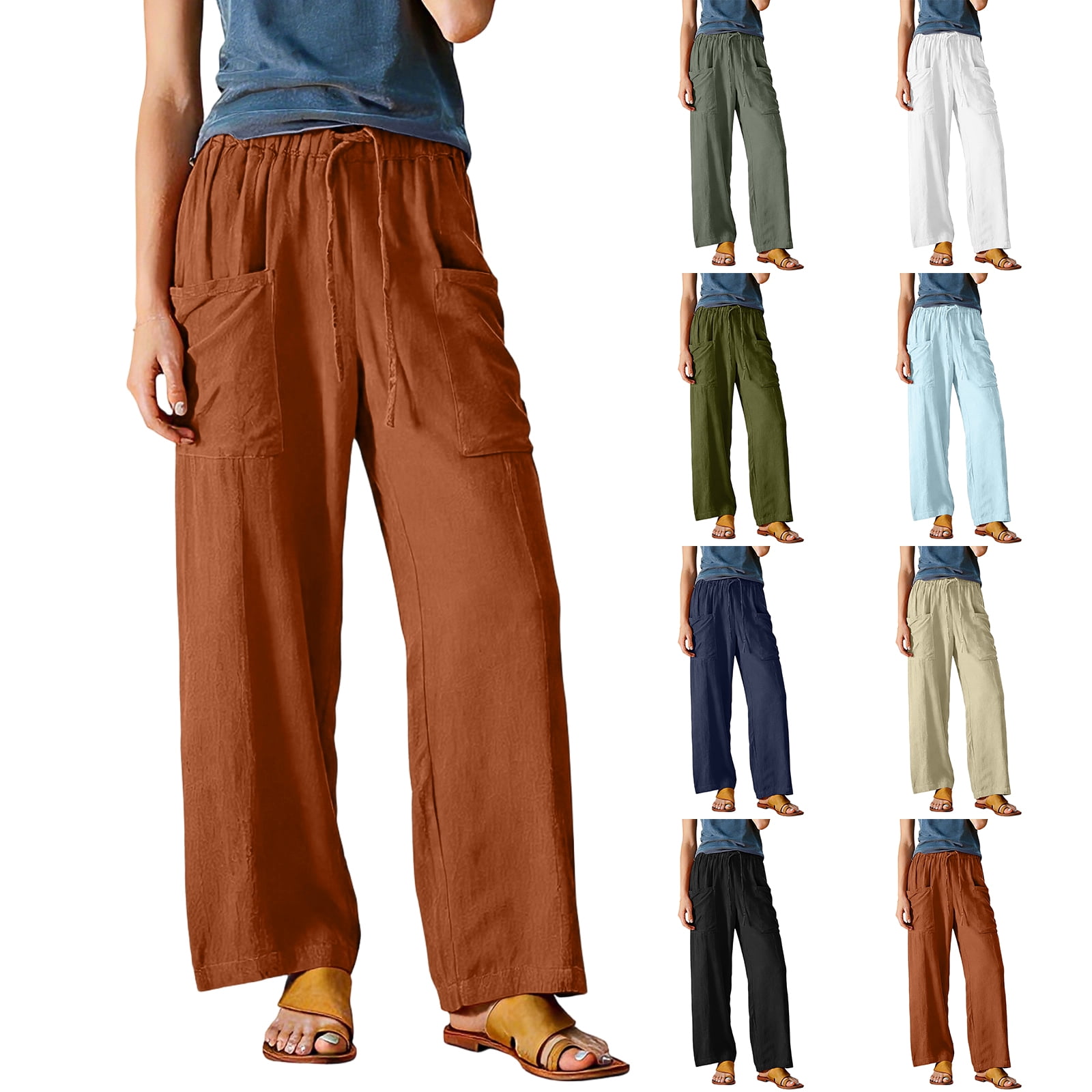 Women's Wide Leg Cotton Linen Pants with Pork Chop Pocket- Summer ...