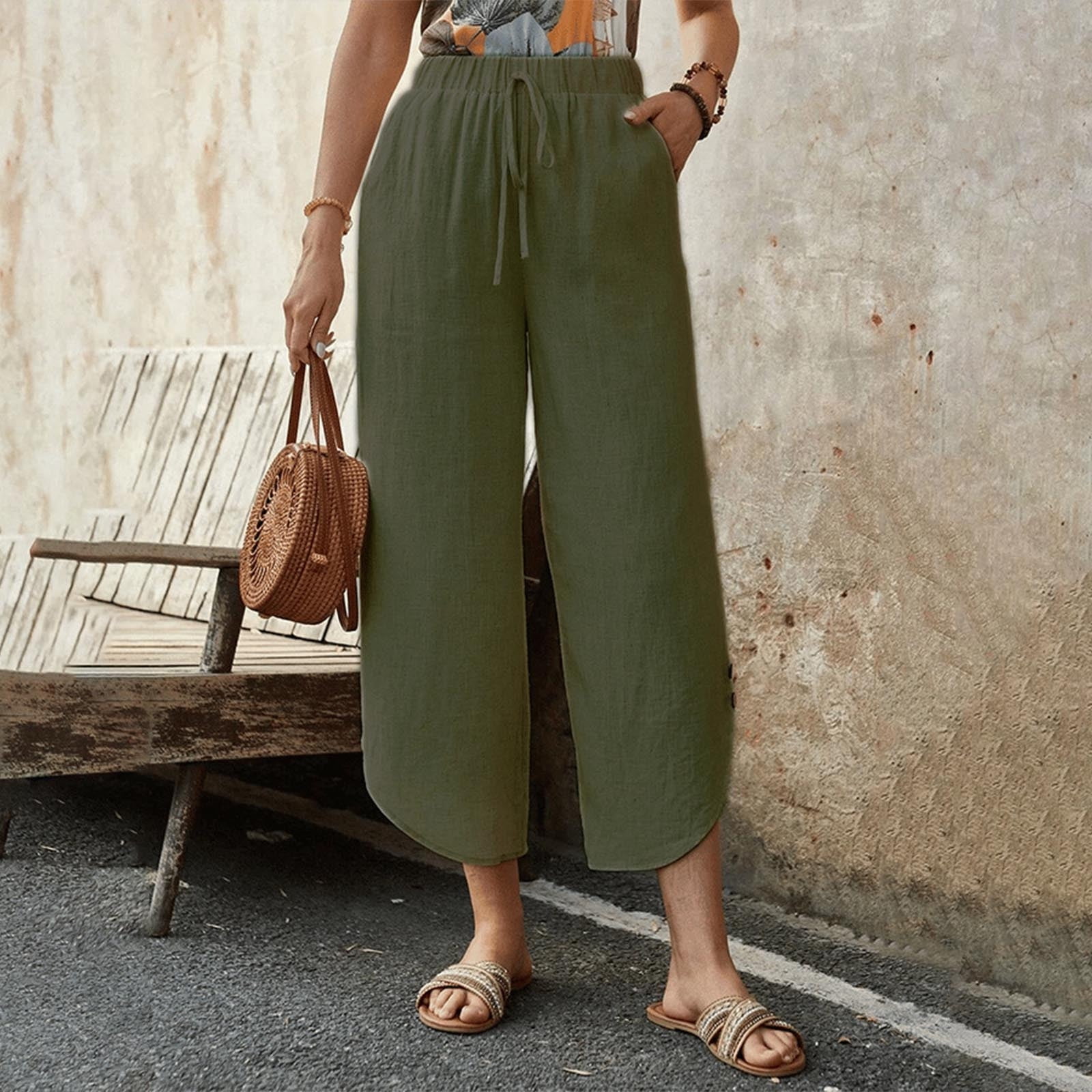 Women's Wide Leg Flowy Pants Casual Loose High Waist Boho Cropped ...