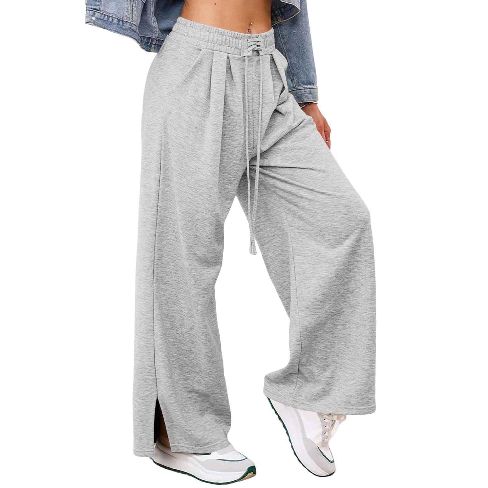 Women's Wide Leg Lounge Pants Split Hem Casual Baggy High Waisted ...