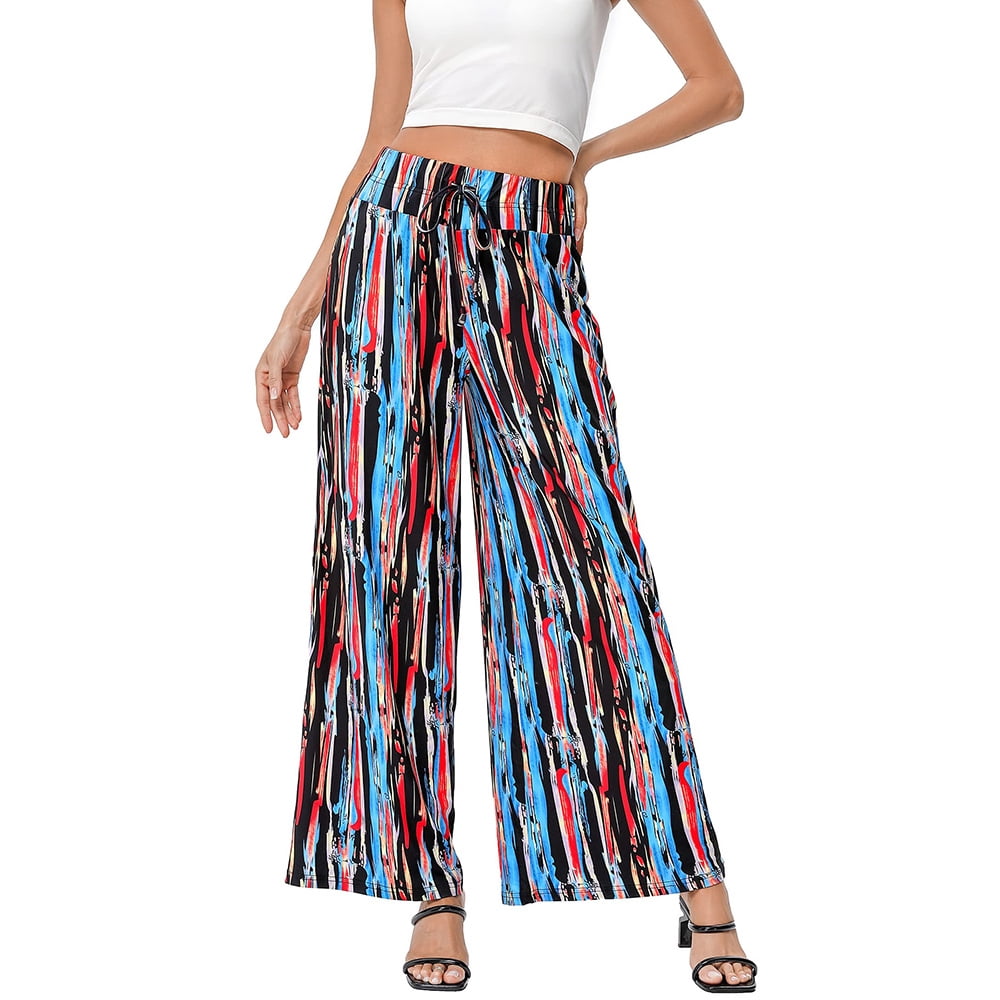 Women's Wide Leg Pants Casual Palazzo Summer Flowy Pants Elastic High ...