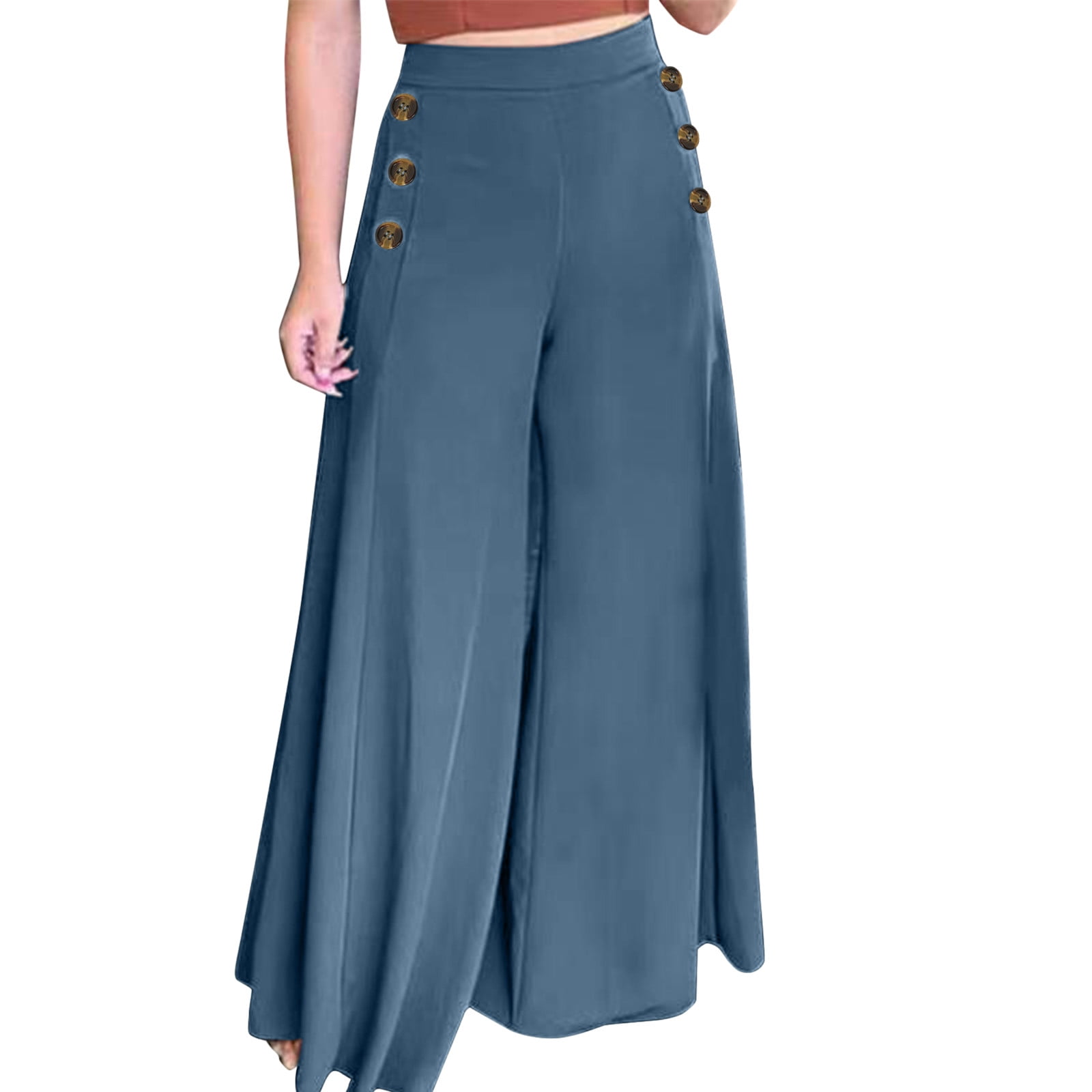 KTMKH Women's Wide Leg Pants Ladies Comfortable Button Elastic High ...