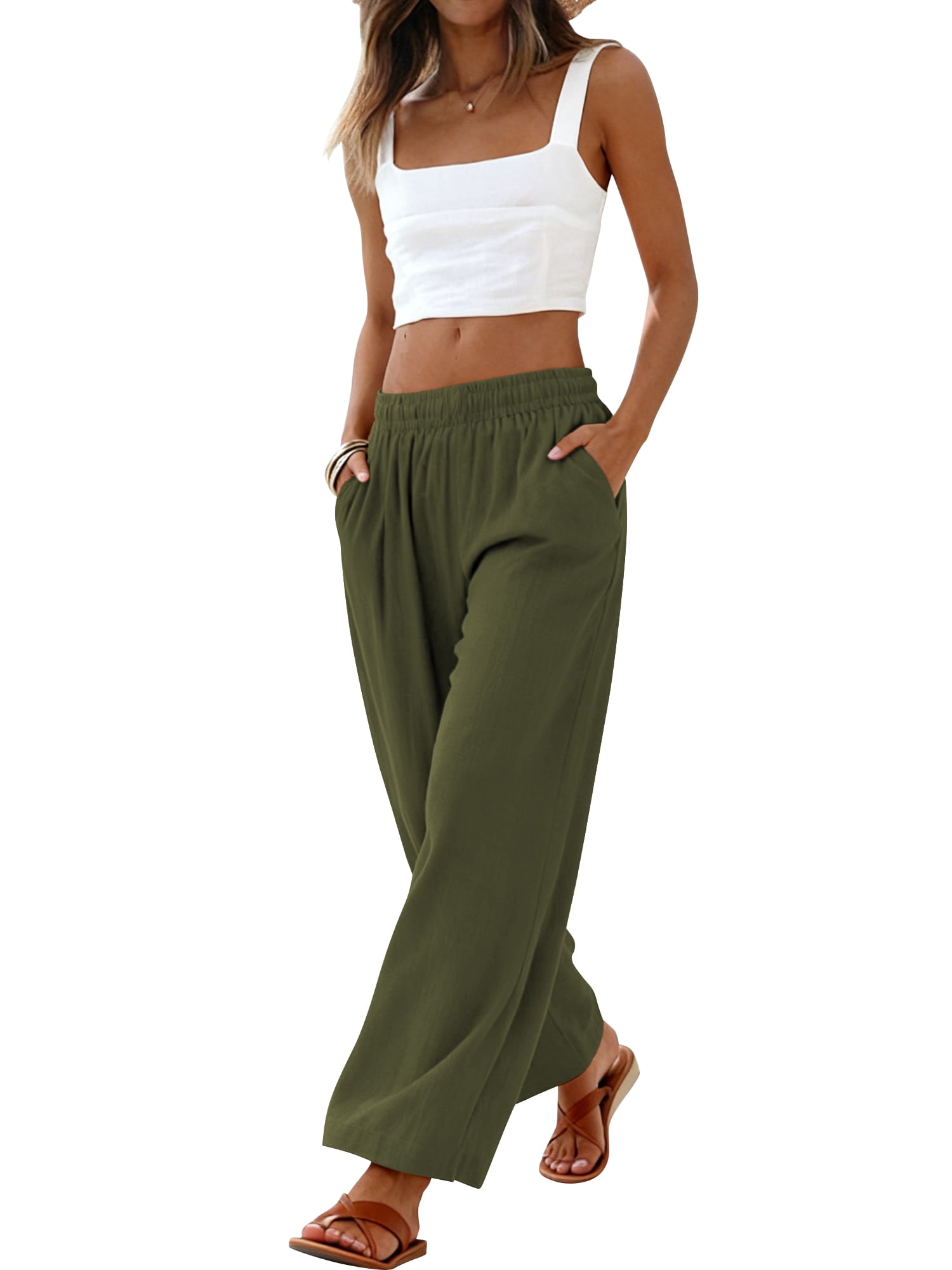 TEMOFON Women’s Wide Leg Pants Linen Lightweight Pants for Women Casual ...