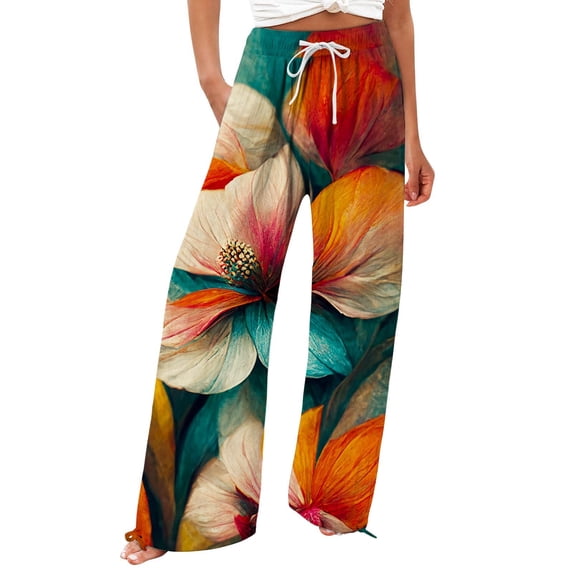 Women's Wide Leg Pants Retro Printed Fashionable Drawstring Loose High ...