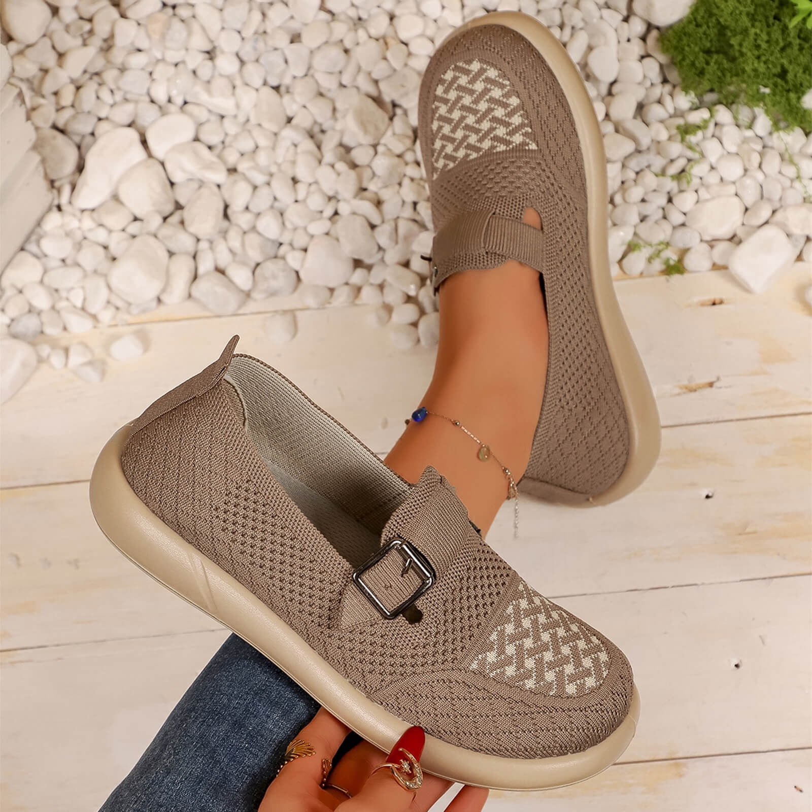 Women's Wide Width Breathable Knit Slip-On Shoes, Lightweight Soft Sole ...