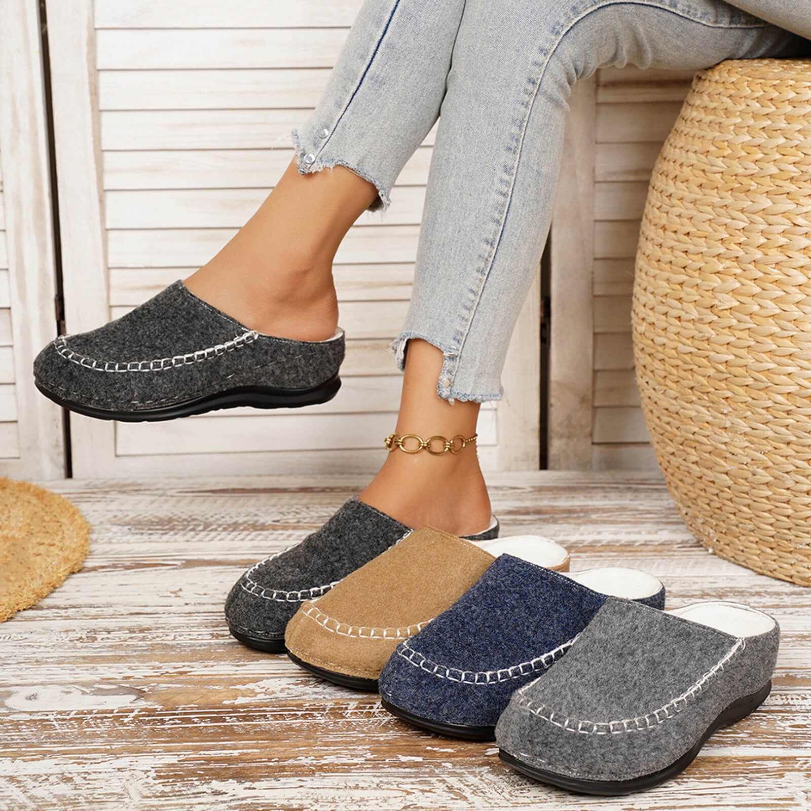 Women's Wide Width Closed Toe Mule Slippers, Soft Fabric Slip-On Wedge ...