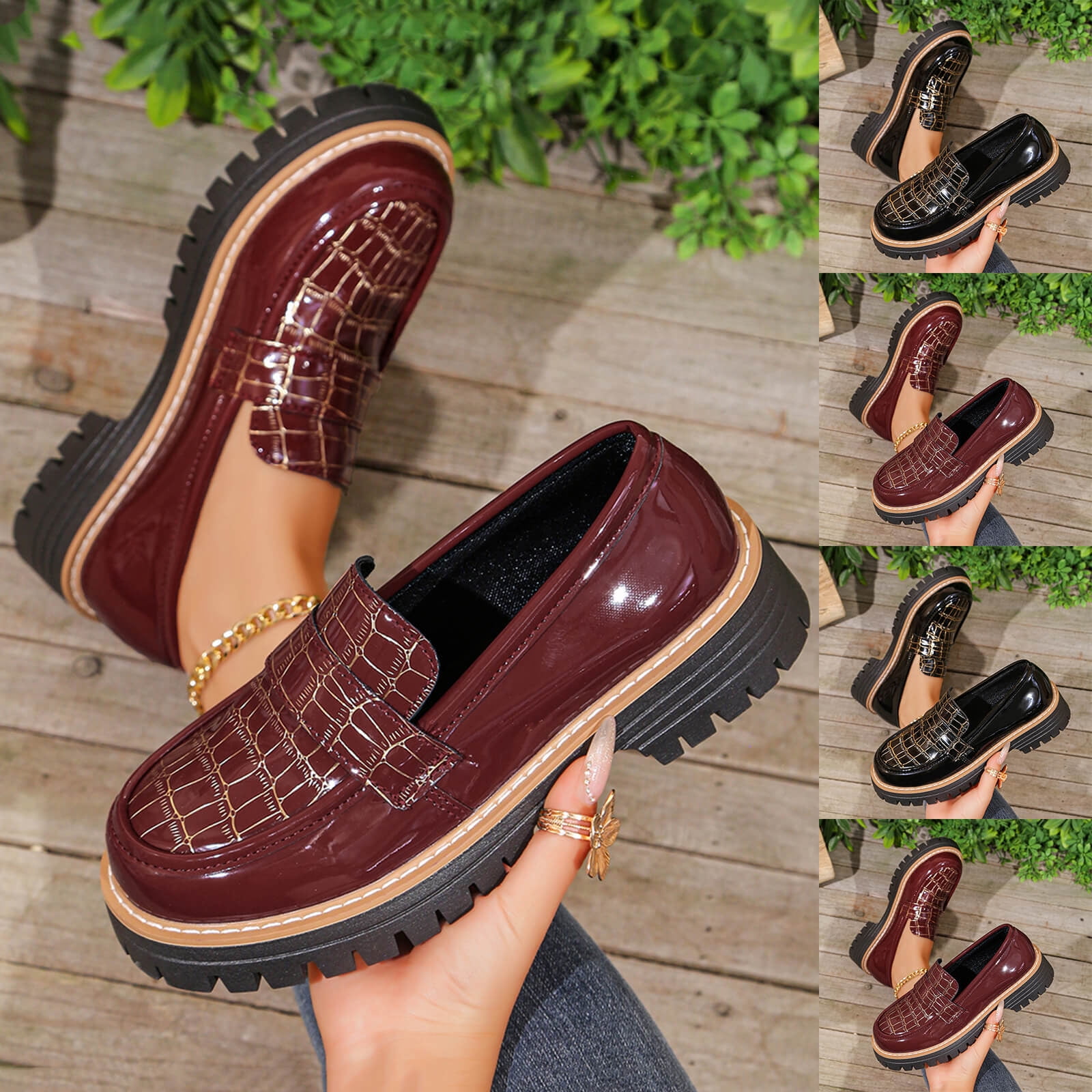 Women's Wide Width Crocodile Pattern Platform Loafers, Patent Leather ...