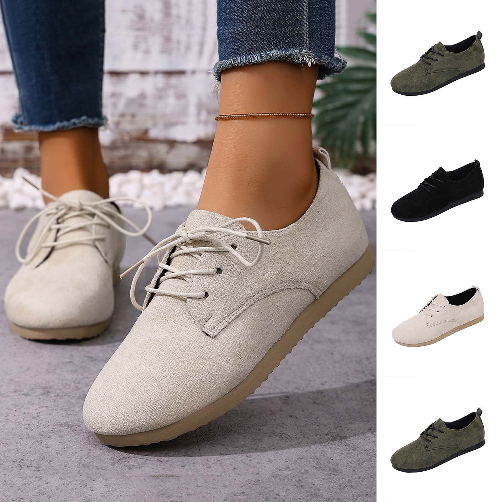 Women's Wide Width Lace-Up Loafers, Faux Suede Round Toe Flat Shoes ...