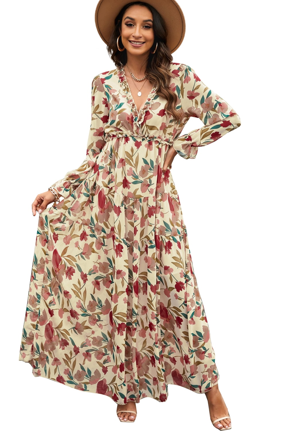 Women's Wild Lotus Ruffle Tiered Maxi Dress - Bohemian Style ...