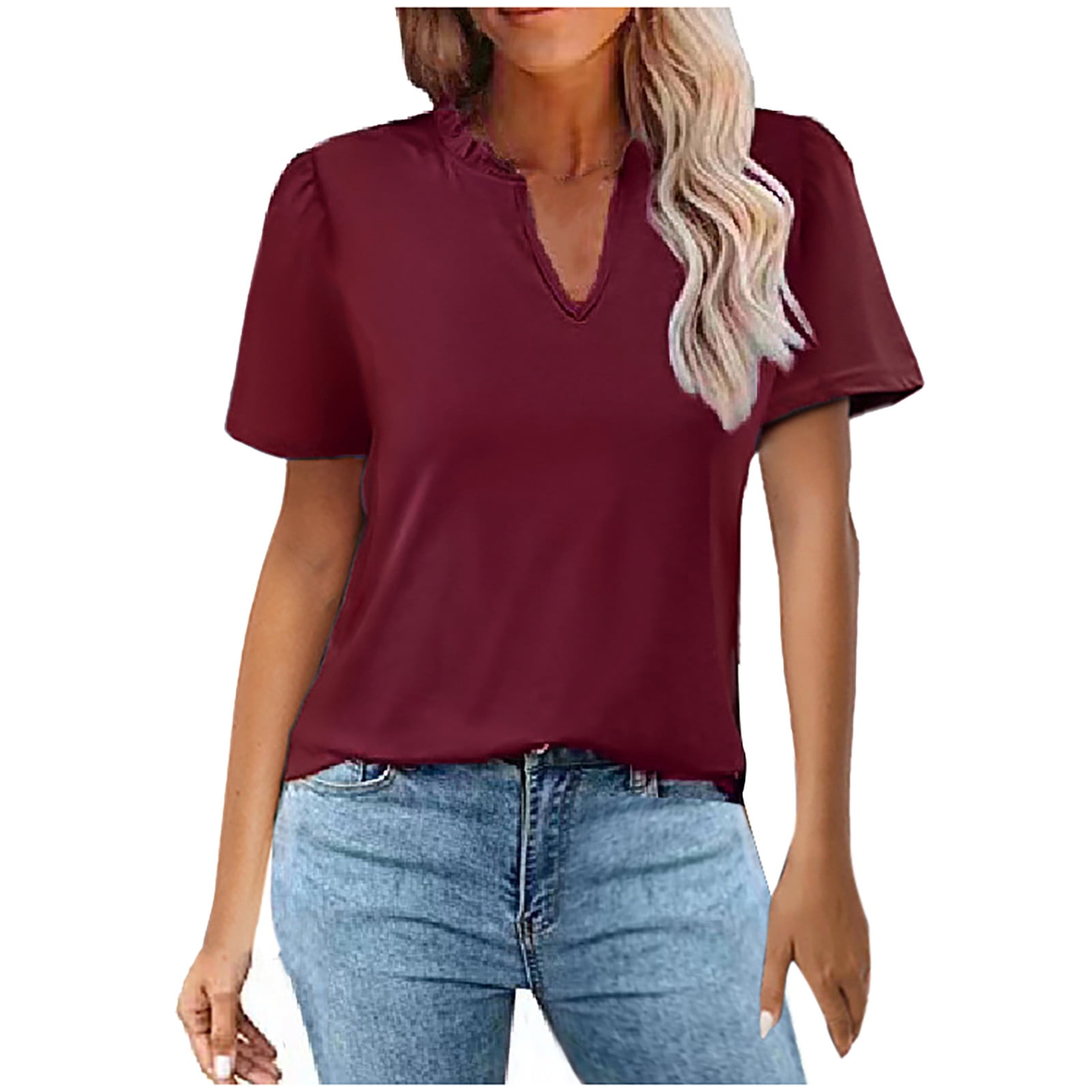 Women's Wine Color V -Neck Short -Sleeved T -Shirt Solid Color Blouse ...