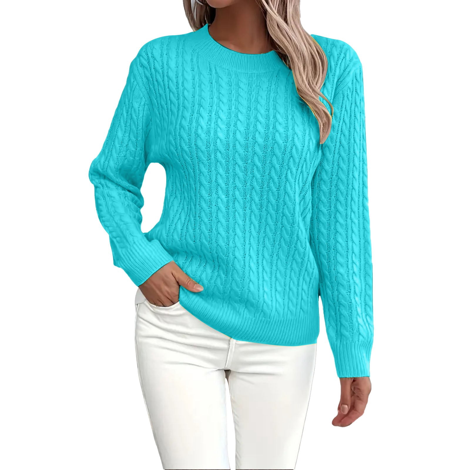 Women's Winter Cable Knit Sweater, Cotton Fitted Round Neck Long Sleeve ...