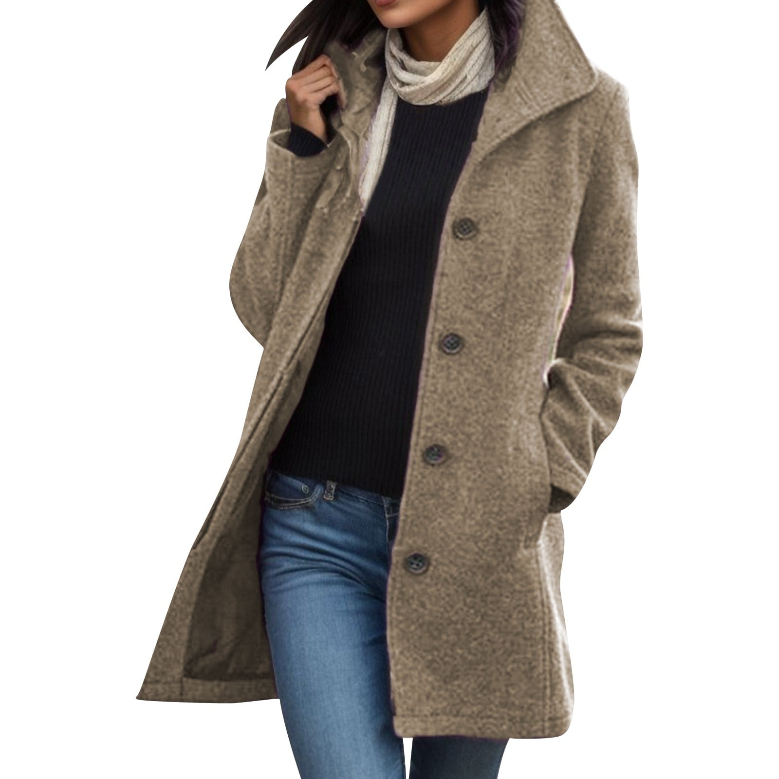 Women's Winter Casual Mid Length Thick Woolen Coat Lapel Collar Double ...