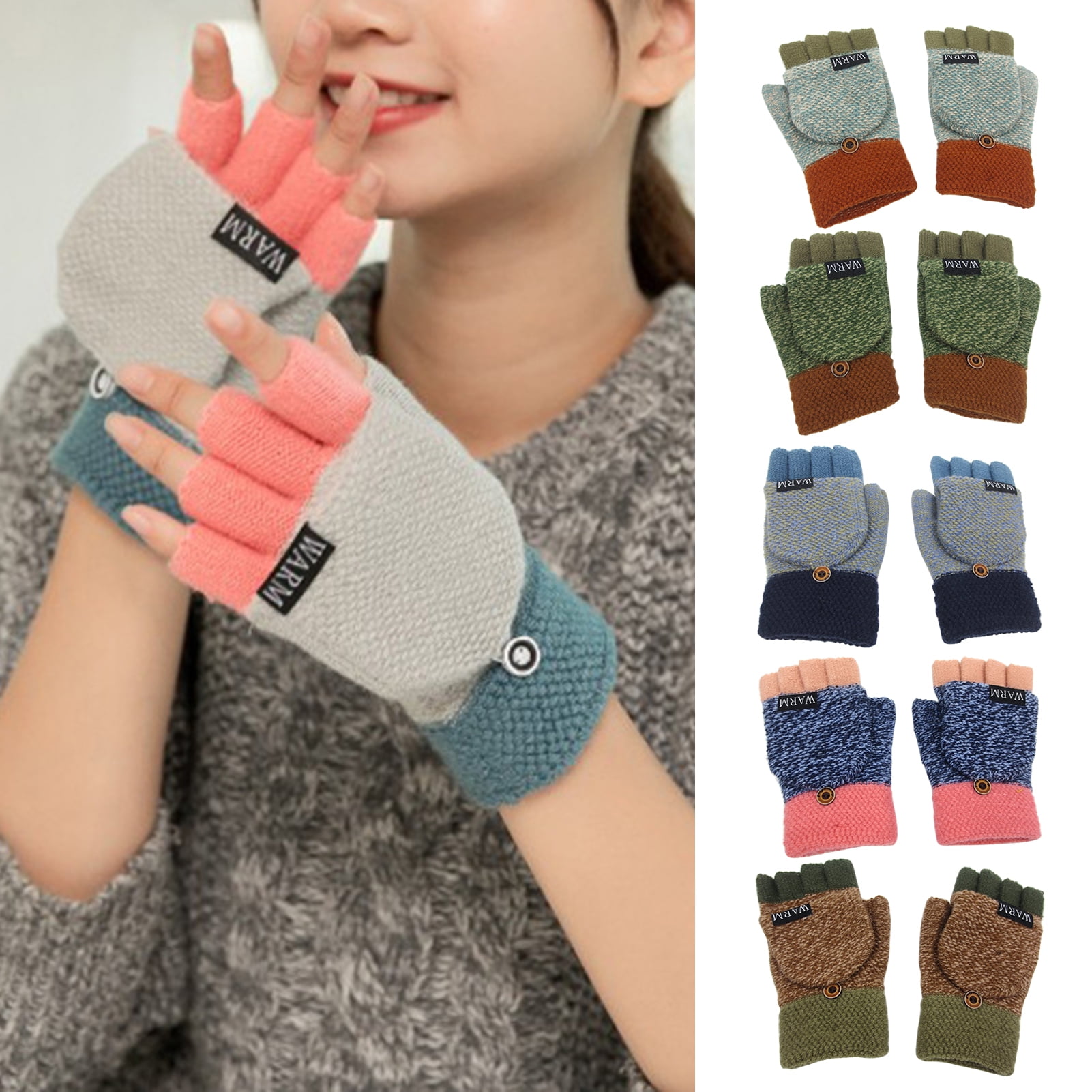 Women's Winter Fingerless Gloves Winter Knitted Mittens Convertible ...