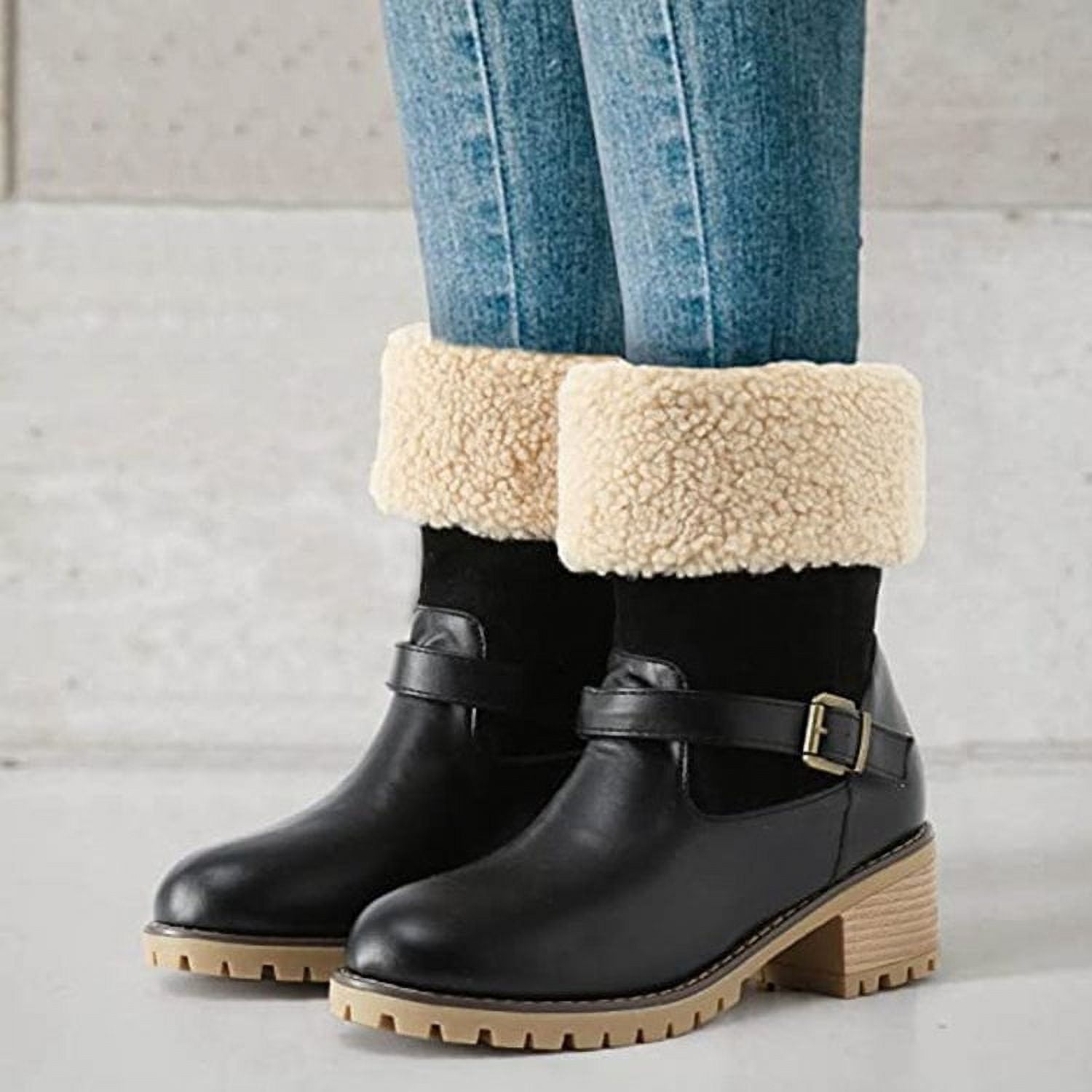 Women's Winter Fleece Warm Chunky Heel fleece Boot - Light Rain and ...