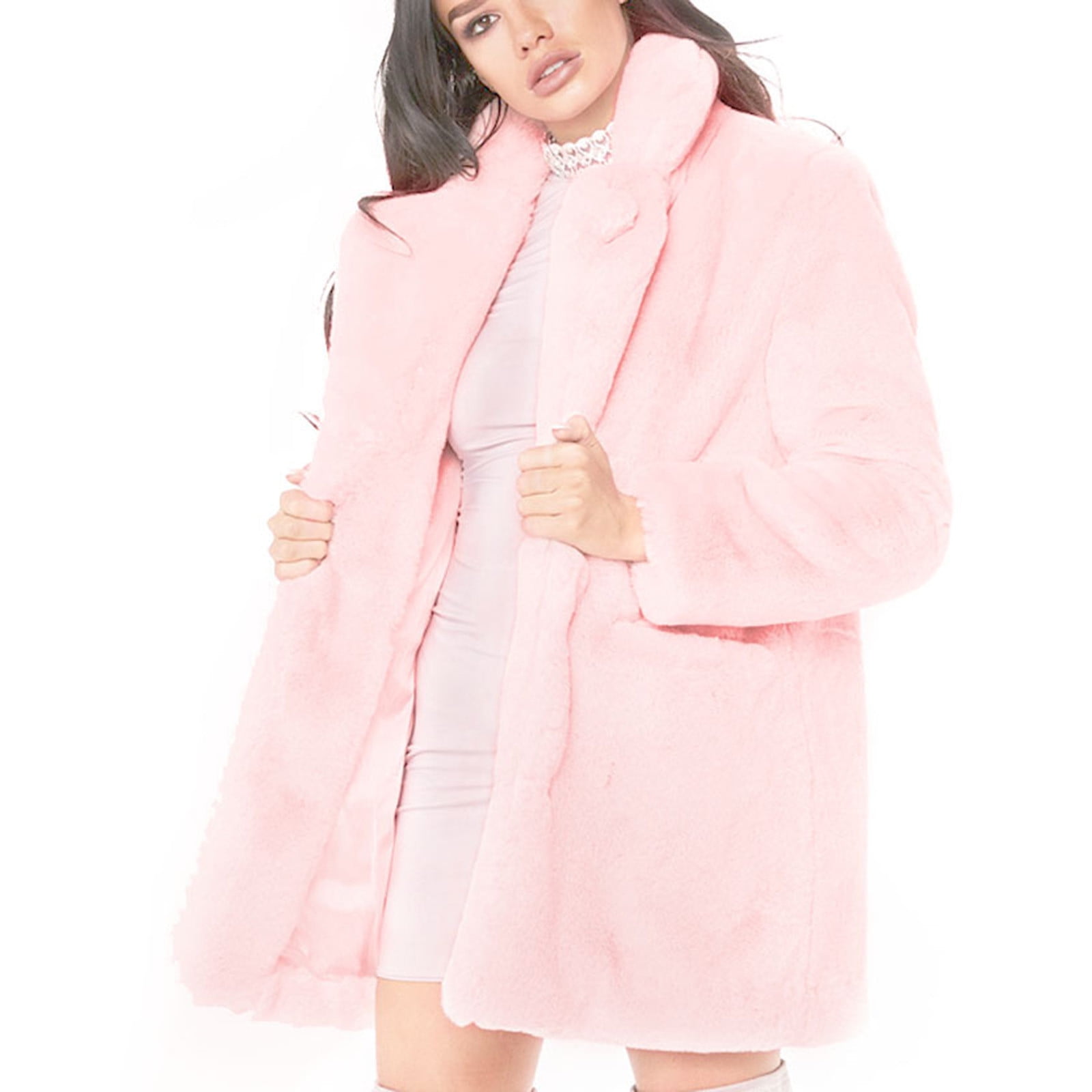 Women's Winter Fluffy Coats Long Sleeve Button Down Lapel Collar Warm Plush Faux-fur Jackets ...