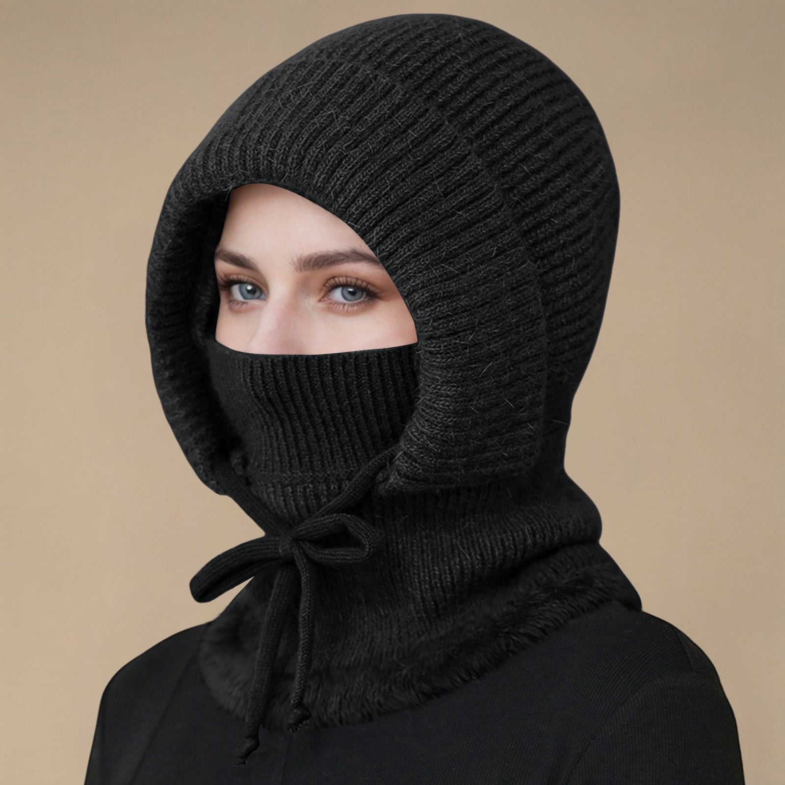 Women's Winter Hat Scarf Mask Integrated, Fleece Lined Knit Beanie with ...