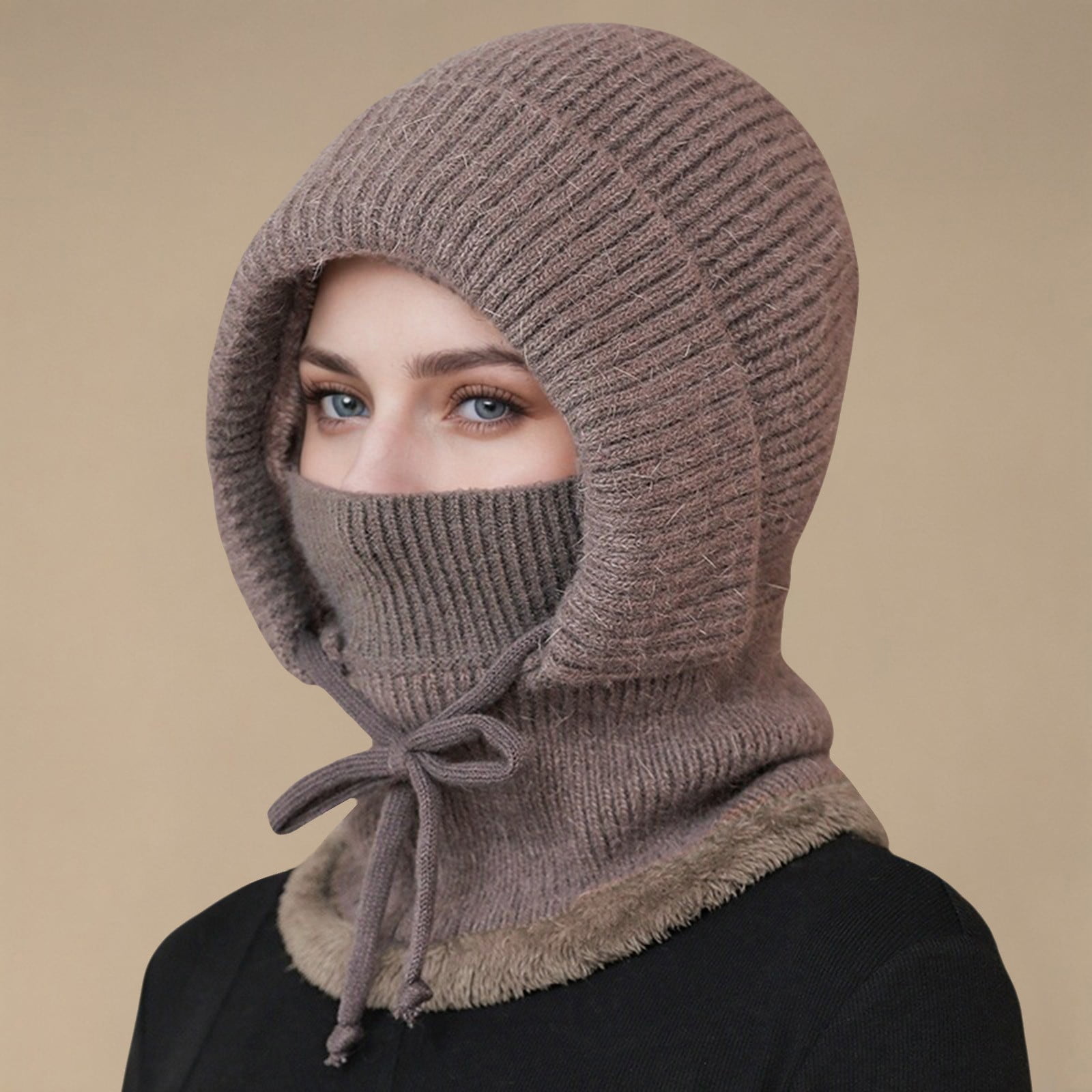 Women's Winter Hat Scarf Mask Integrated, Fleece Lined Knit Beanie with ...