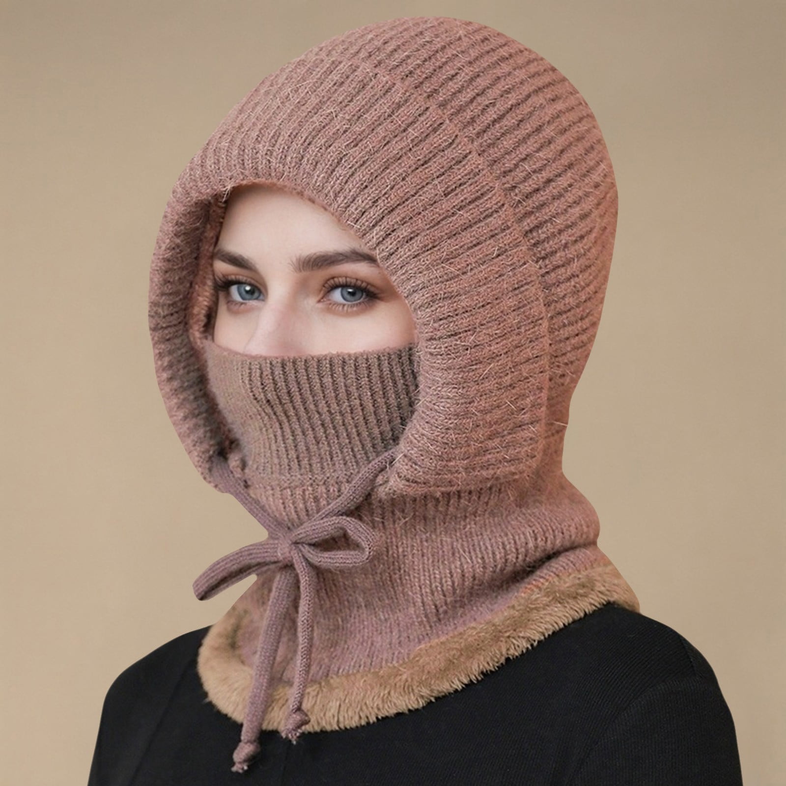 Women's Winter Hat Scarf Mask Integrated, Fleece Lined Knit Beanie with ...