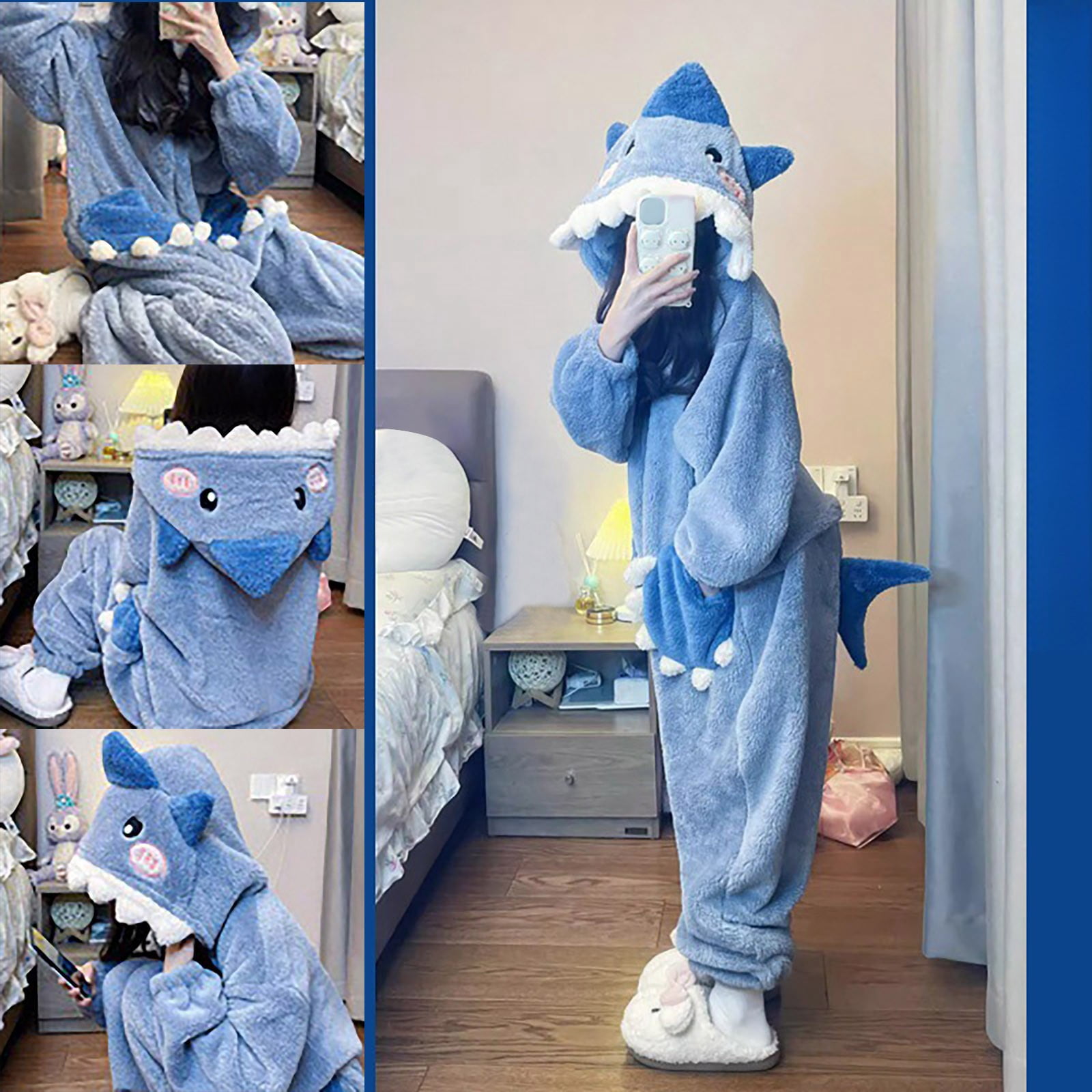 Women's Winter One-piece Coral Velvet Pajamas Cute Shark Fleece Blanket ...