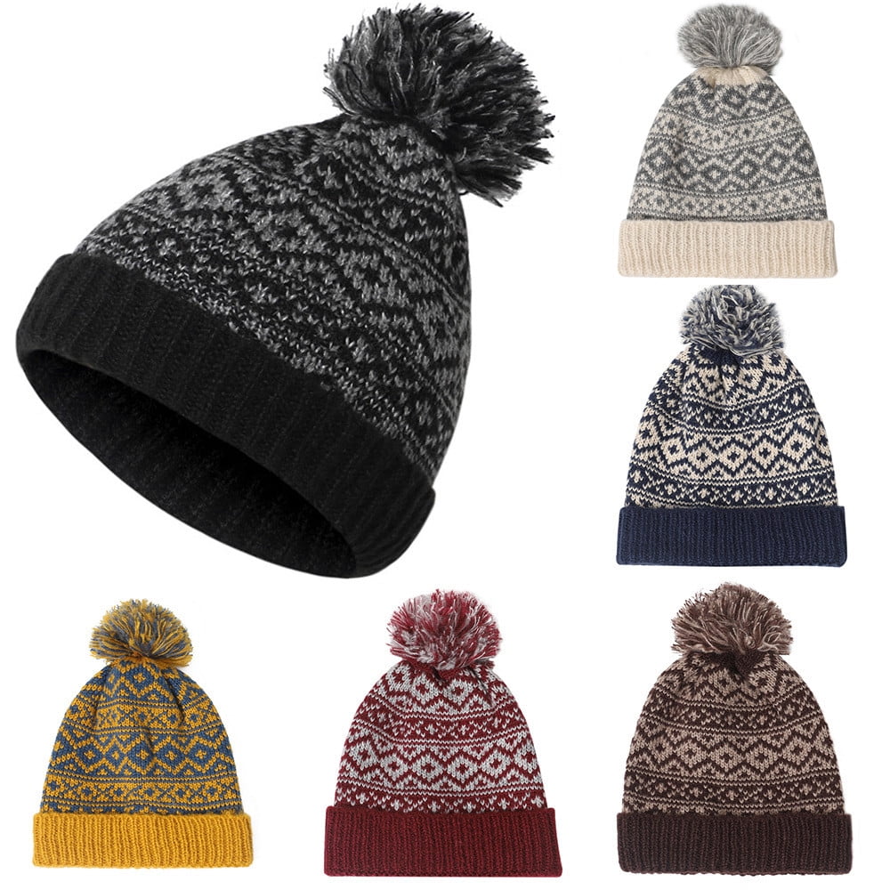 Women's Winter Pom Pom Beanie Hat, Warm Ear Protection Knitted Wool Cap ...