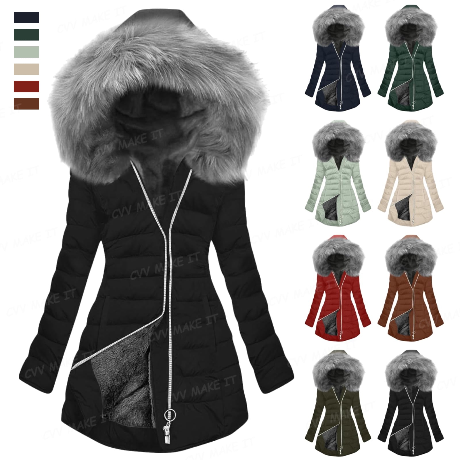 Women's Winter Puffer Coat Thicken Fleece Lined with Faux Fur Removable ...