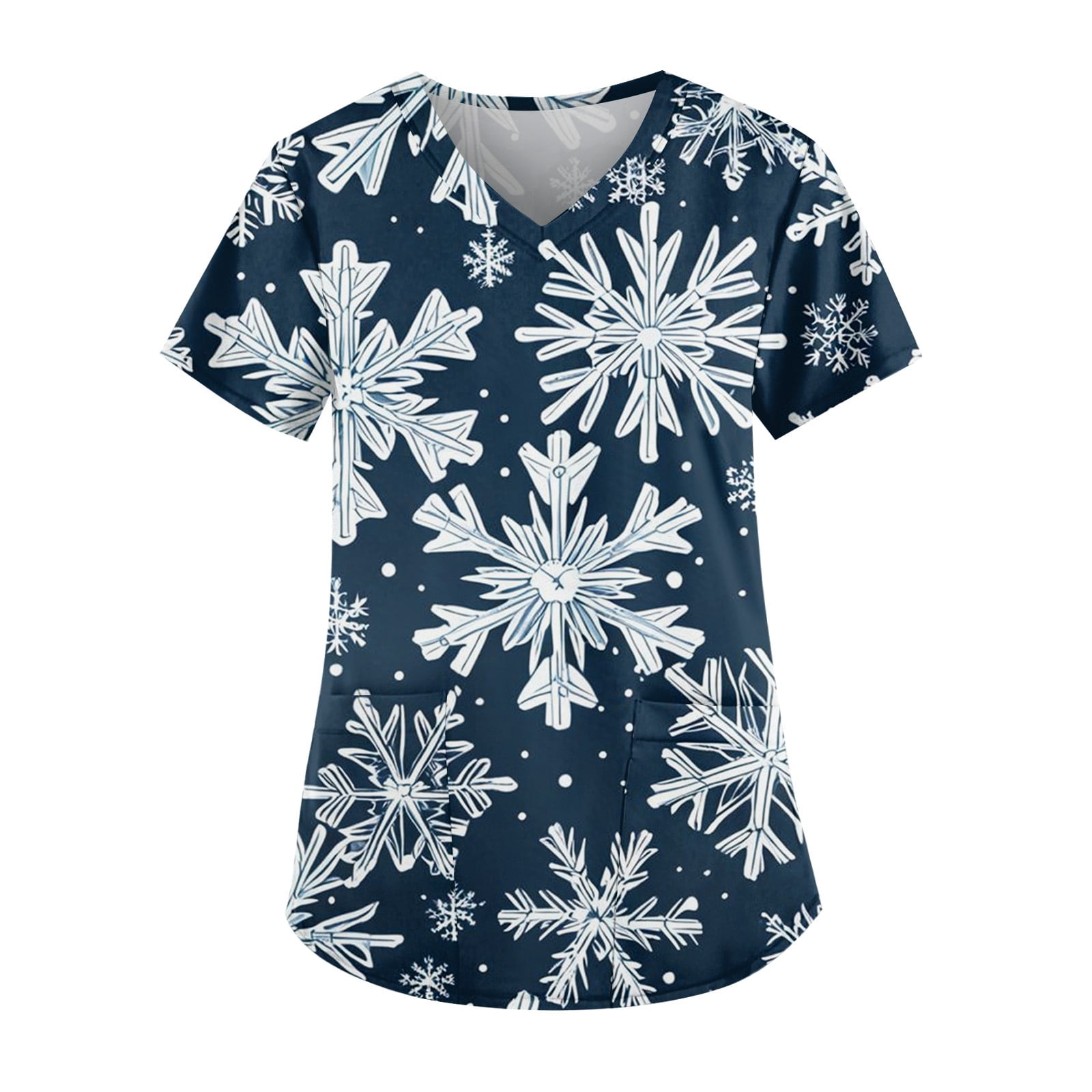 Women's Winter Snowflake Print Scrub Top Short Sleeve V-Neck Medical ...