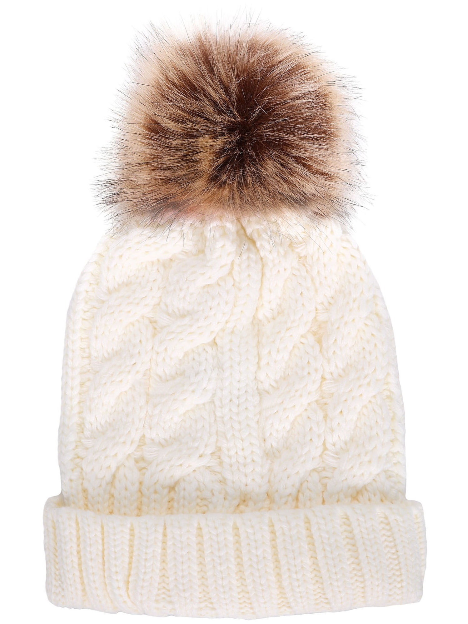 Women's Winter Soft Knitted Beanie Hat with Faux Fur Pom Pom,White ...