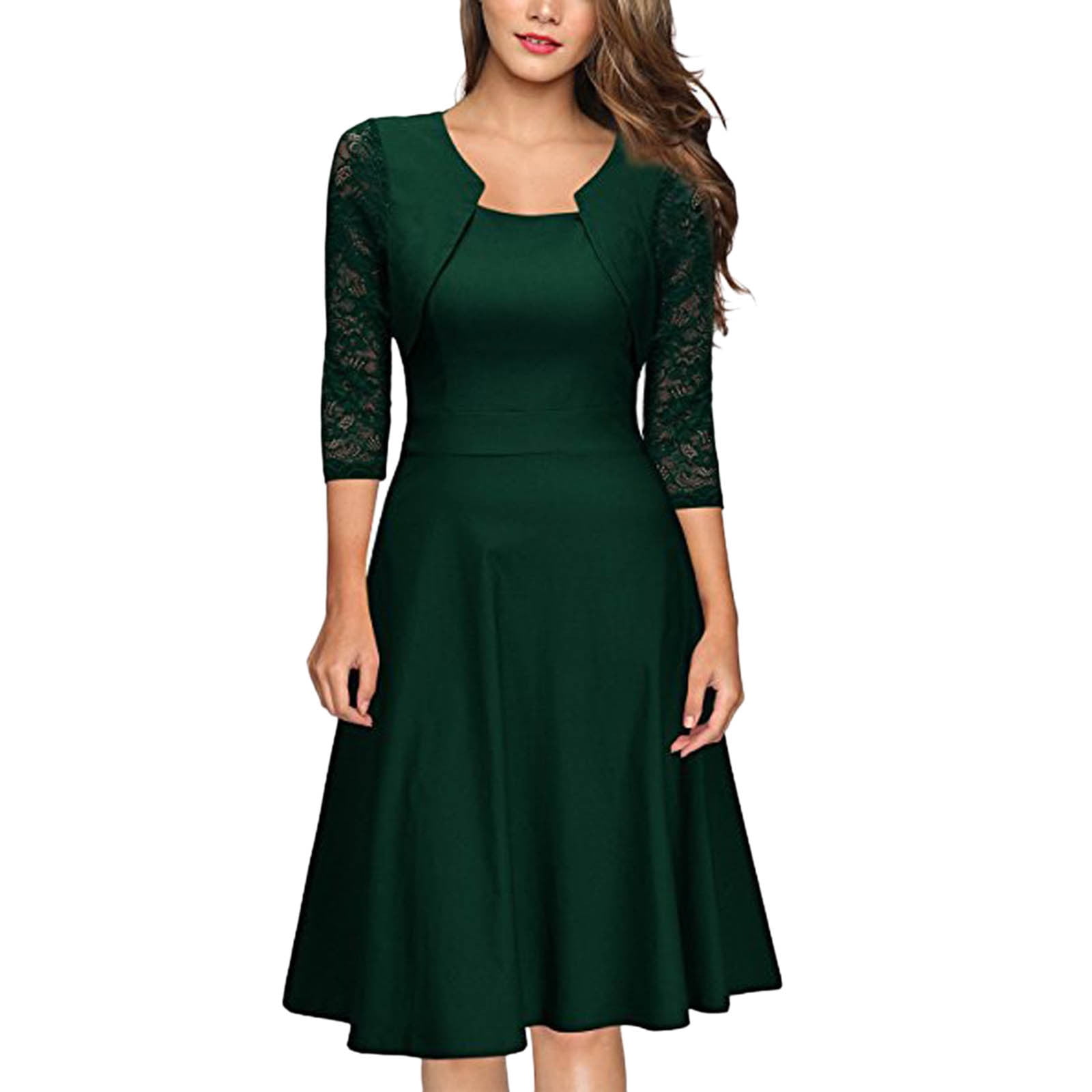 Women's Winter Square Neck Large Hem Dress Vintage Floral Lace Dress ...