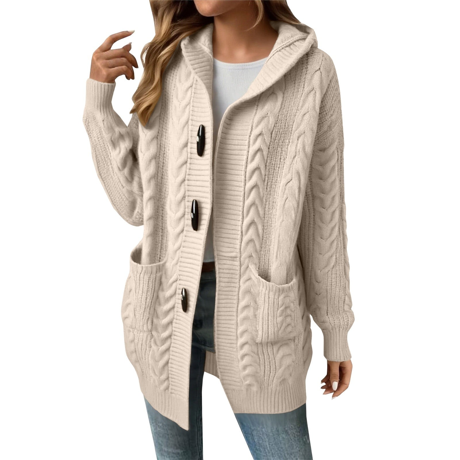 Women's Winter Thickened Plus Size Hooded Cardigan, Embossed Knit ...