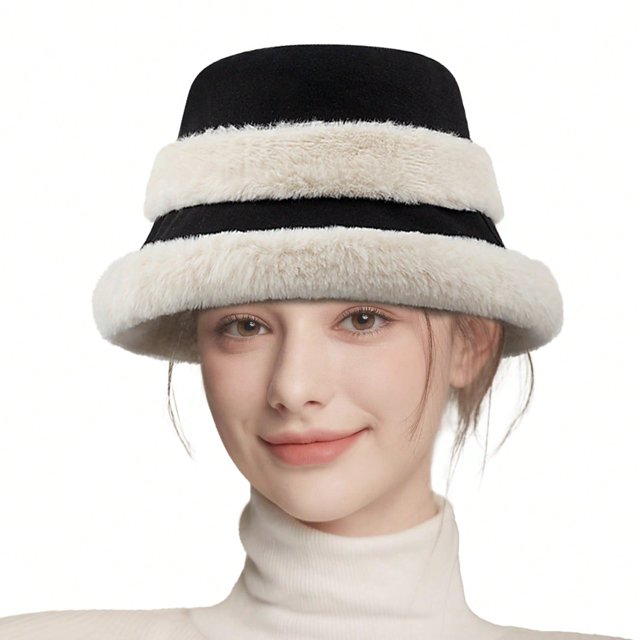 Women's Winter Two-Tone Faux Fur Trim Bucket Hat Structured Wide-Brim ...