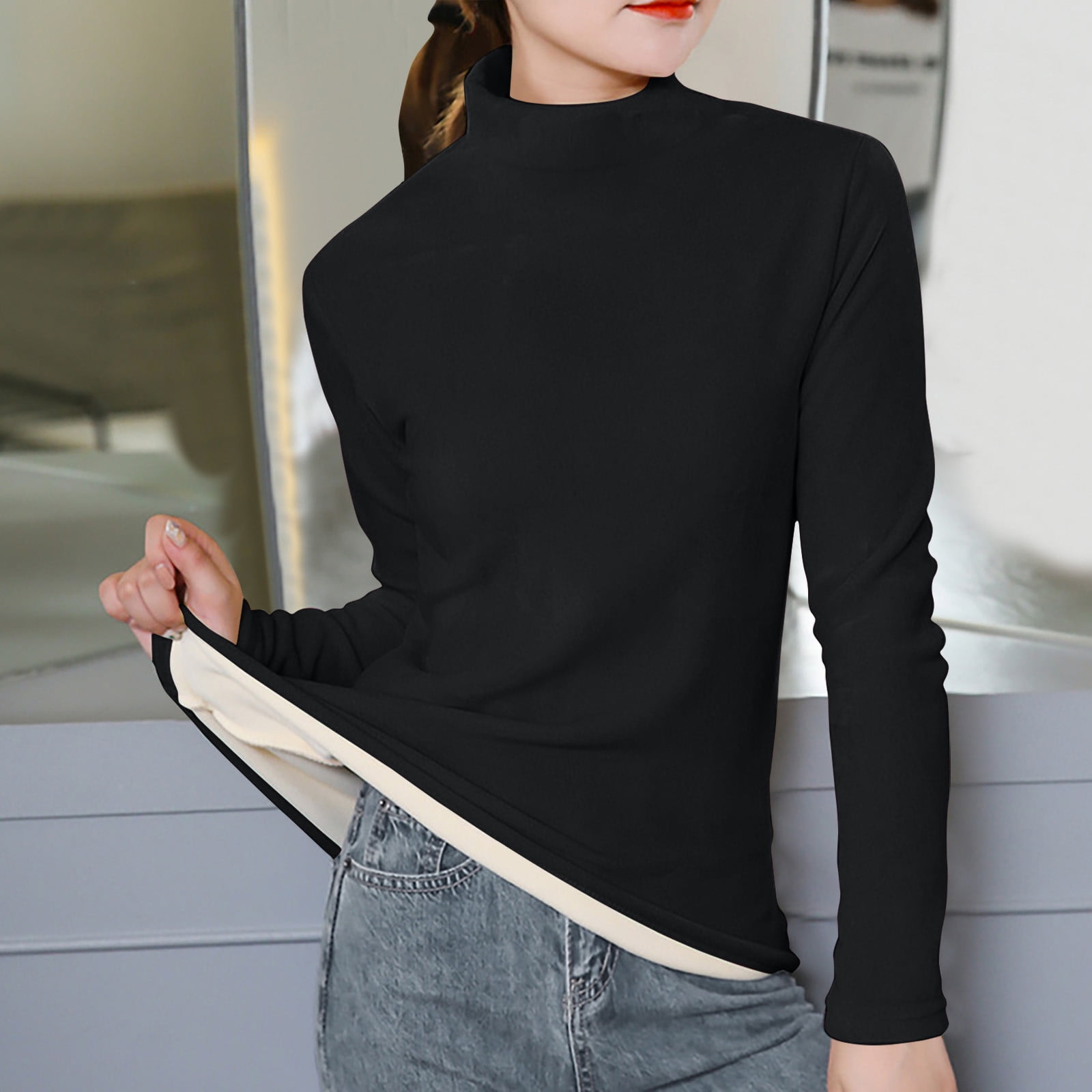 Women's Winter Velour Tops Double Layered Velvet Round NecK Thick ...