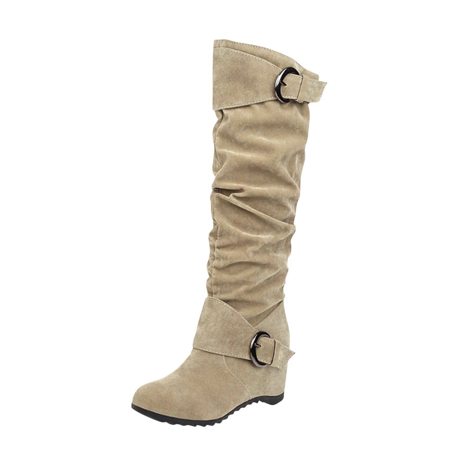 Women's Winter Warm Belt Buckle Knee High Boots Sole Wedge Footwear ...