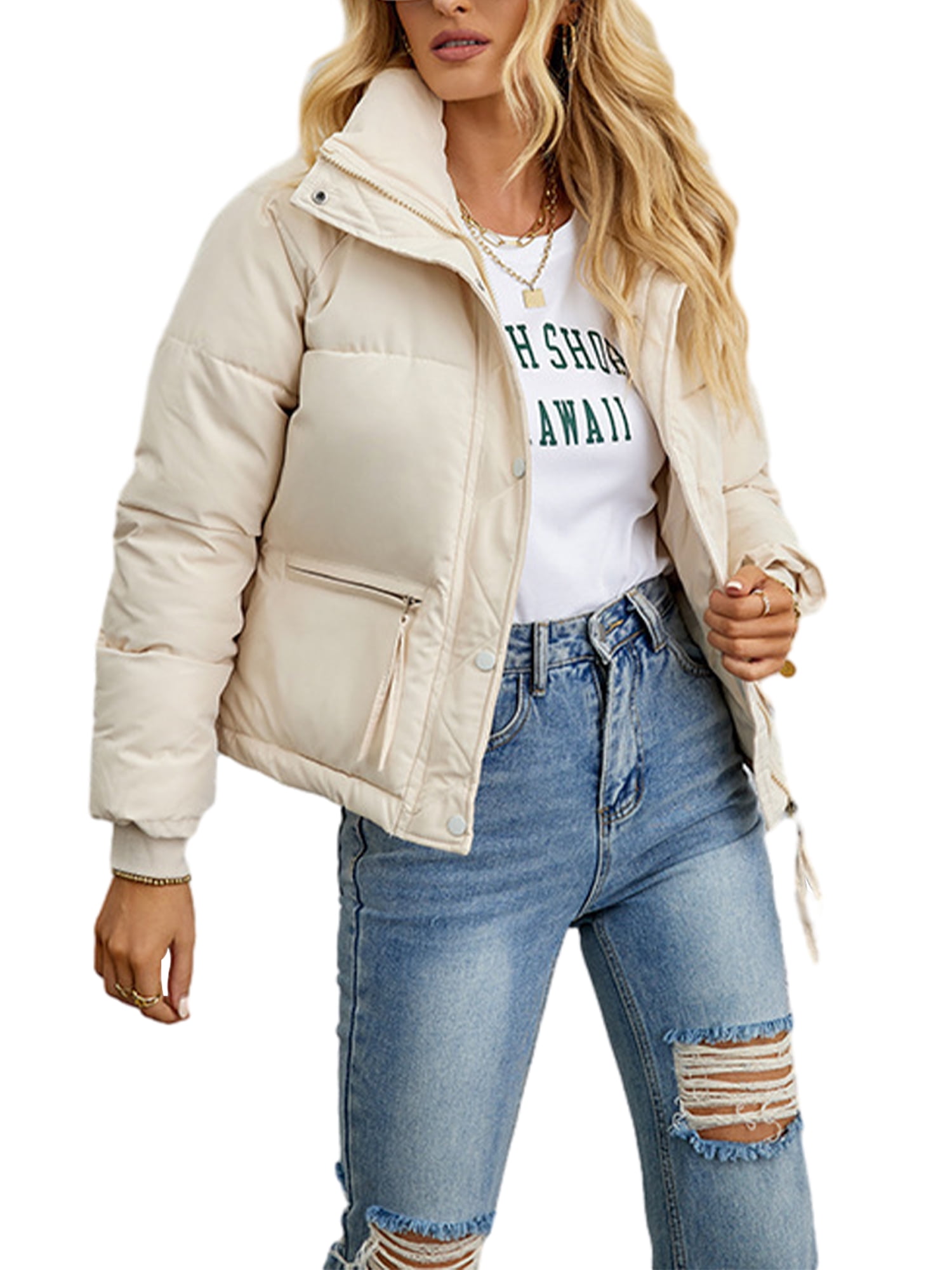 Women's Winter Warm Short Jacket Stand Collar Solid Color Zip Puffer ...