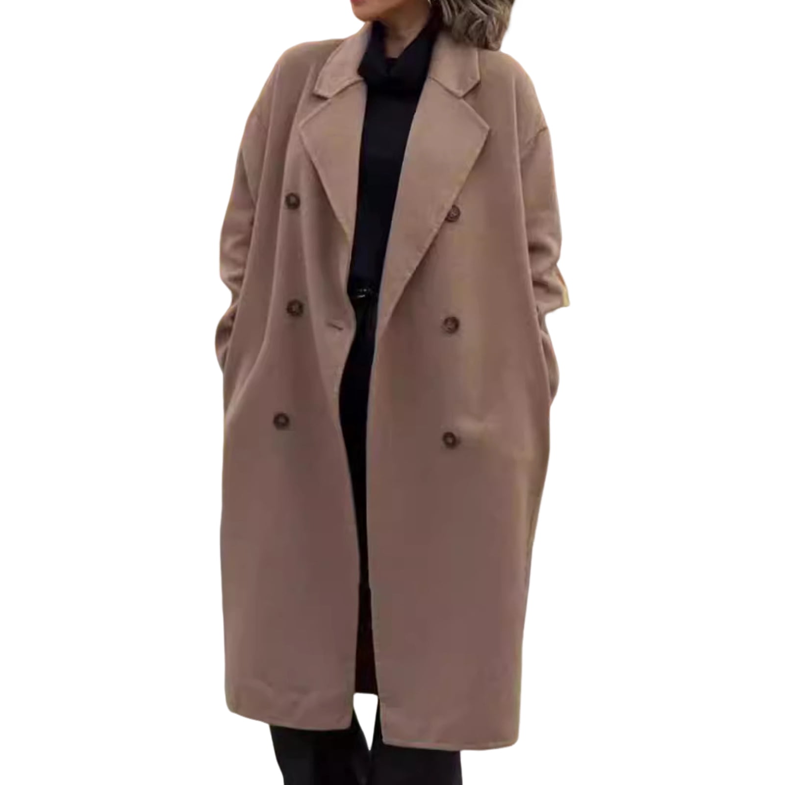 Women's Woolen Coat Autumn Winter Double-breasted Lapel Overcoat Loose ...